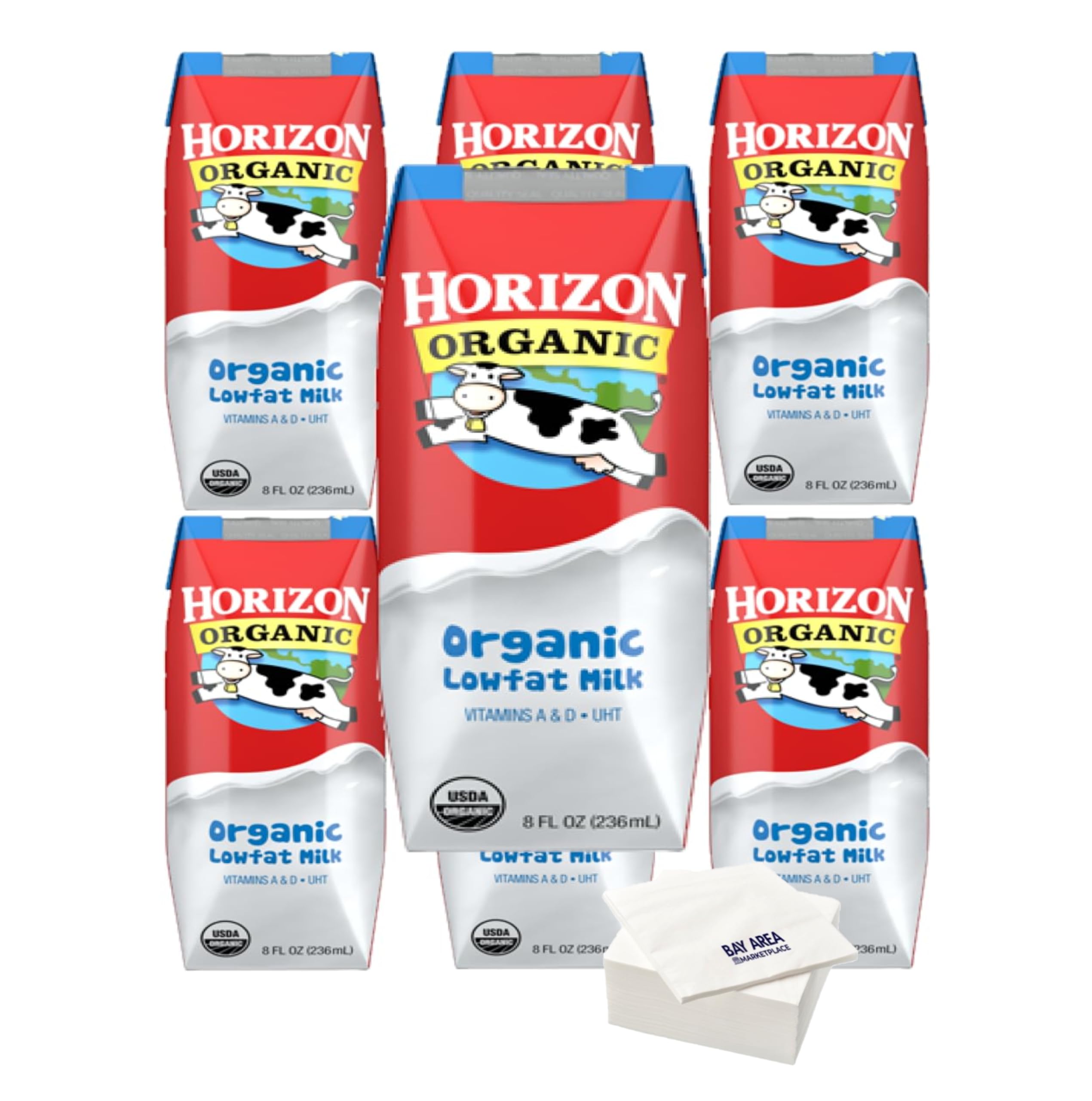 Horizon Organic Milk, 8 Ounce, (Pack of 6) with Bay Area Marketplace Napkins