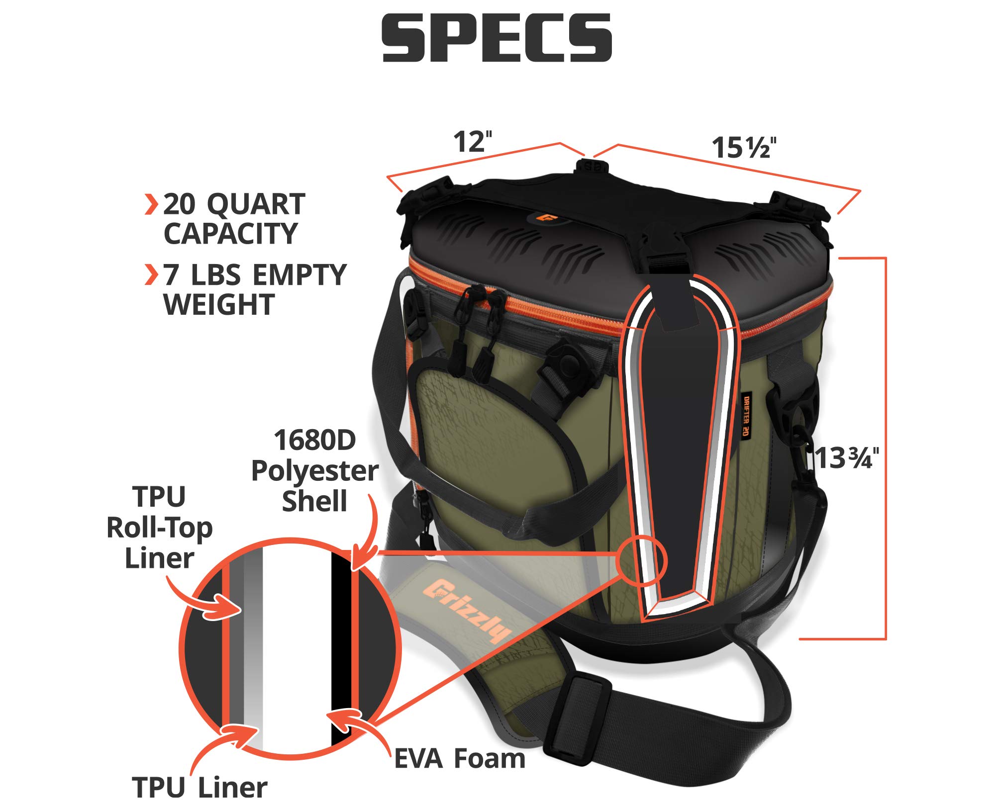 Grizzly Drifter 20 Quart Flip-Top Soft Cooler Bag, Green/Black/Orange, 20 qt