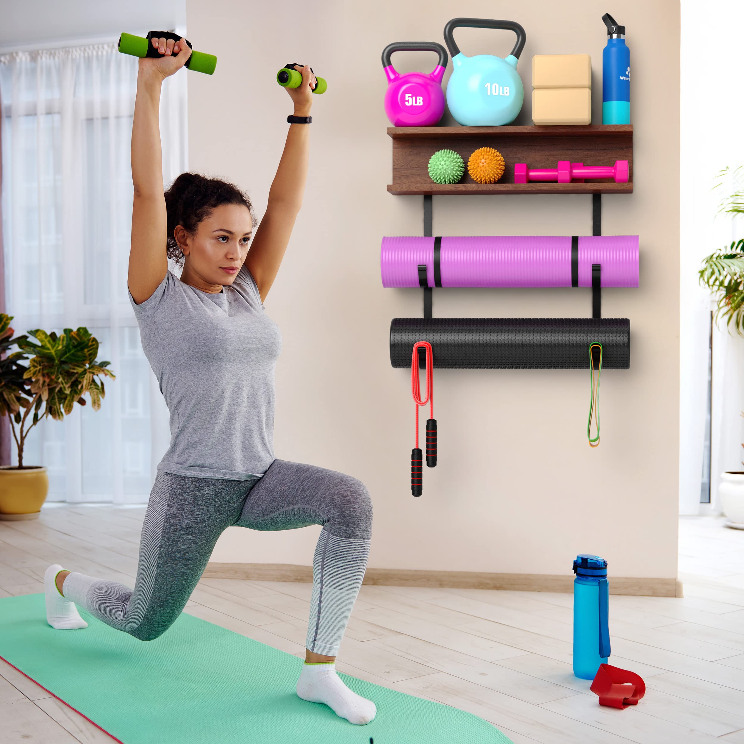 Houseables Yoga Mat Holder, Wall Mounted Organizer w/Shelf and Hooks, 23.5” x 6.75” x 5.5”, Brown, Black, Wood, Metal, Foam Roller Hanging Rack, Workout Accessories Storage, Home Gym Exercise Mount