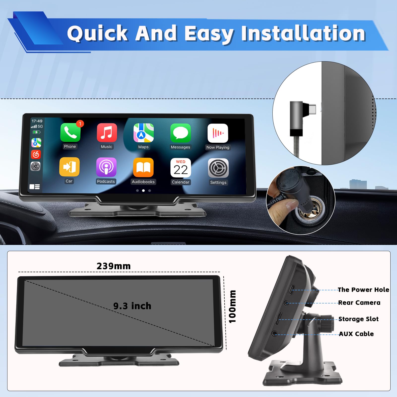 Hikity Portable Wireless Apple Carplay Android Auto Car Stereo, 10.26" HD IPS Touch Screen Portable Car Radio with Bluetooth Hands-Free/Mirror Link/GPS Navigation/Voice Control for All Vehicles