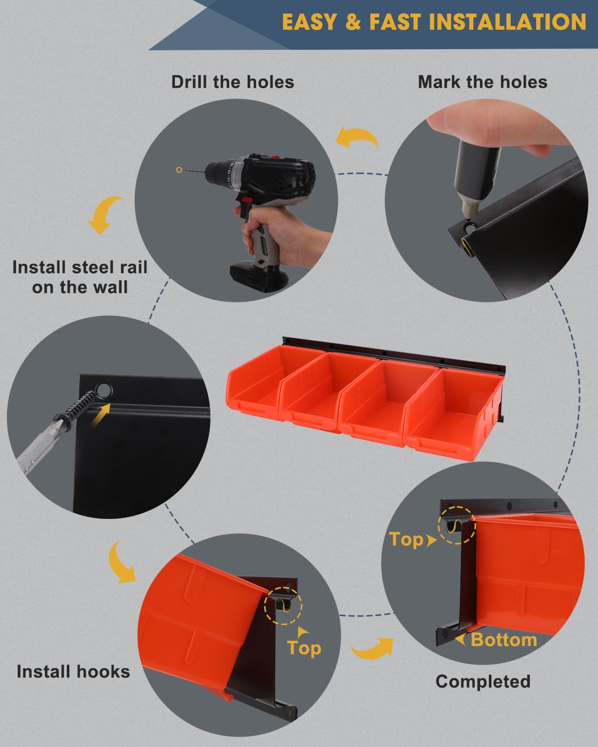 WellMall Wall Mounted Storage Bins - 8 Piece Bins & 2 Steel Rails Plastic Garage Tool Storage for Screw Organizer & Small Parts Organizer