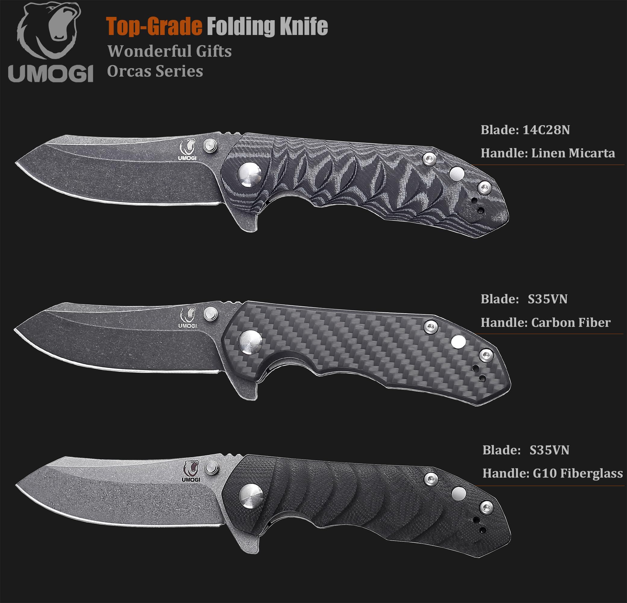 UMOGI Folding Knife - 14C28N Blade, Linen Micarta Handle Safety Liner Lock - Outdoor Camping Hiking Knife, Father’s Day Men Husband Gifts. With Screwdriver for DIY