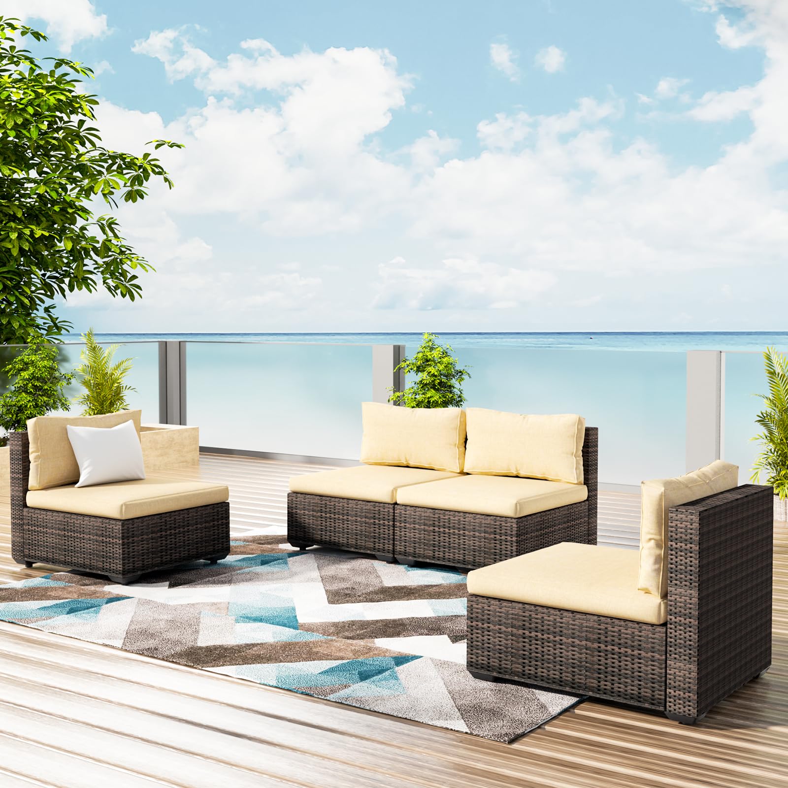 Grezone Patio Furniture Sets 6 Pieces Patio Sectional Outdoor Furniture Patio Sofa Chairs Set All Weather PE Rattan Wicker Couch Conversation Set with Thickened Cushions & Coffee Table