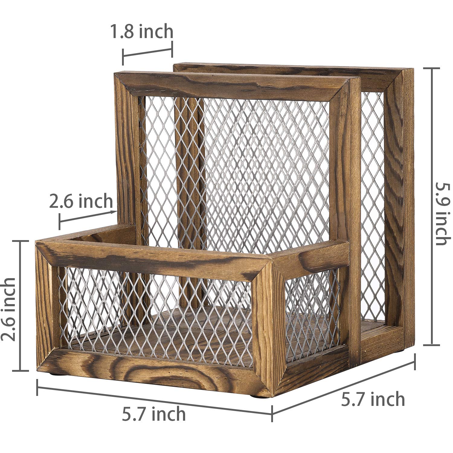 MyGift Rustic Burnt Solid Wood Farmhouse Napkin and Salt and Pepper Shaker Holder with Chicken Wire Side Panel Design, Kitchen Napkin Holder and Condiment Rack