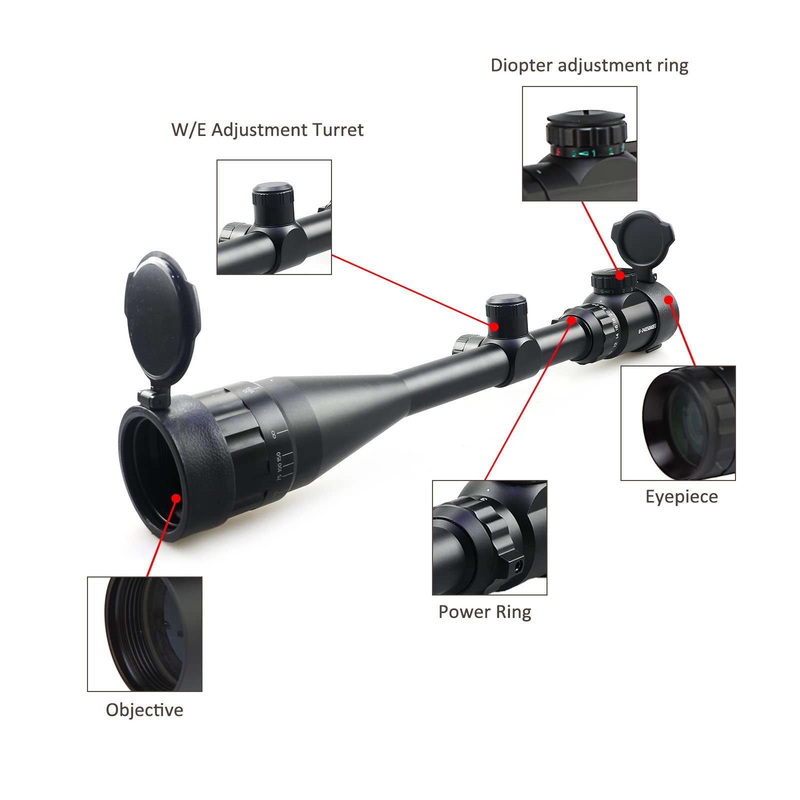 Jacgood 6-24x50 Rifle Scope for Hunting, Red & Green Illuminated Scope with Flip Up Scope Covers
