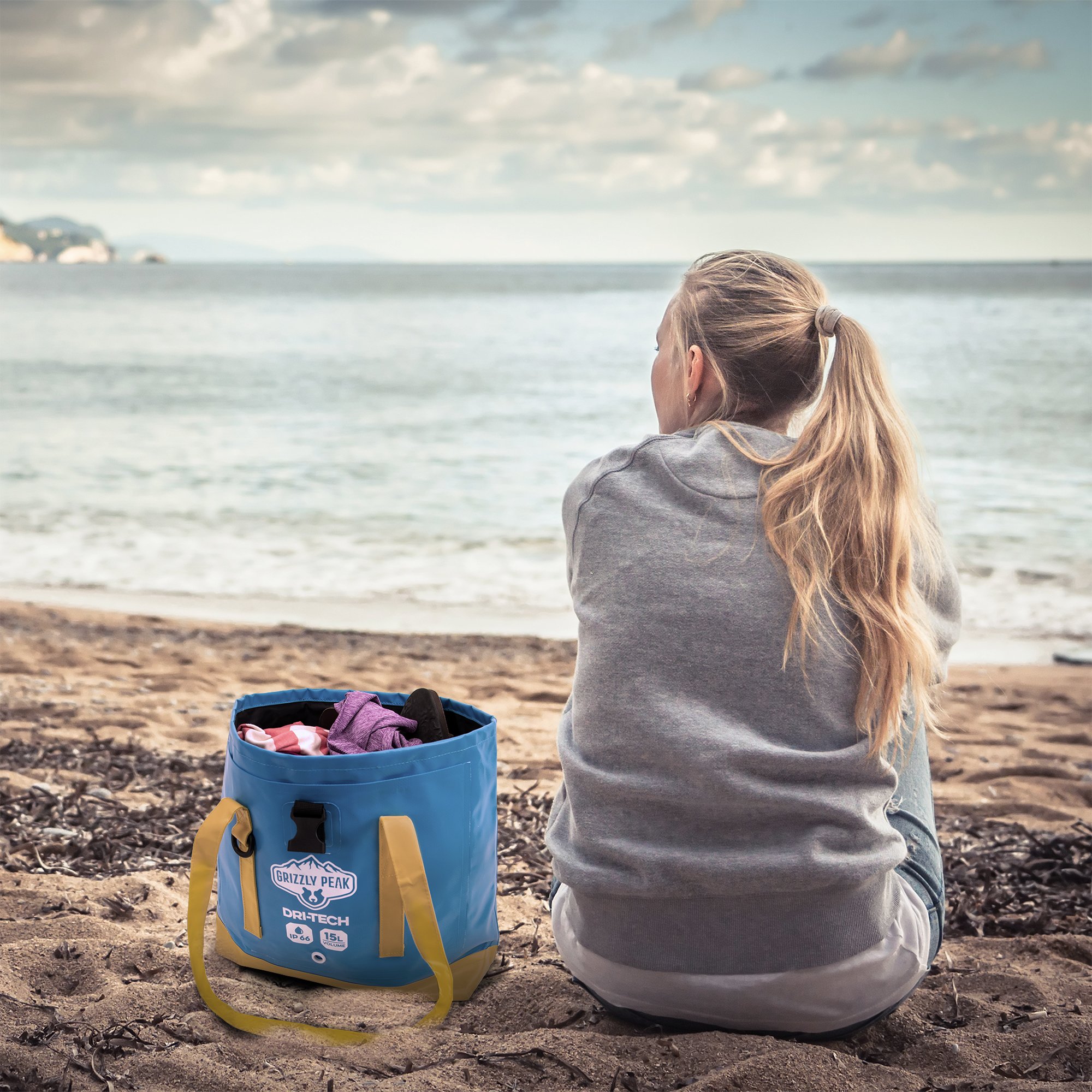 Grizzly Peak 15L Dri-Tech Waterproof Beach Tote Dry Bag - IP 66 Lightweight Roll-Top Sack with Carrying Straps – Pouch for Protecting Valuables & Belongings at The Beach, Camping, & Outdoors