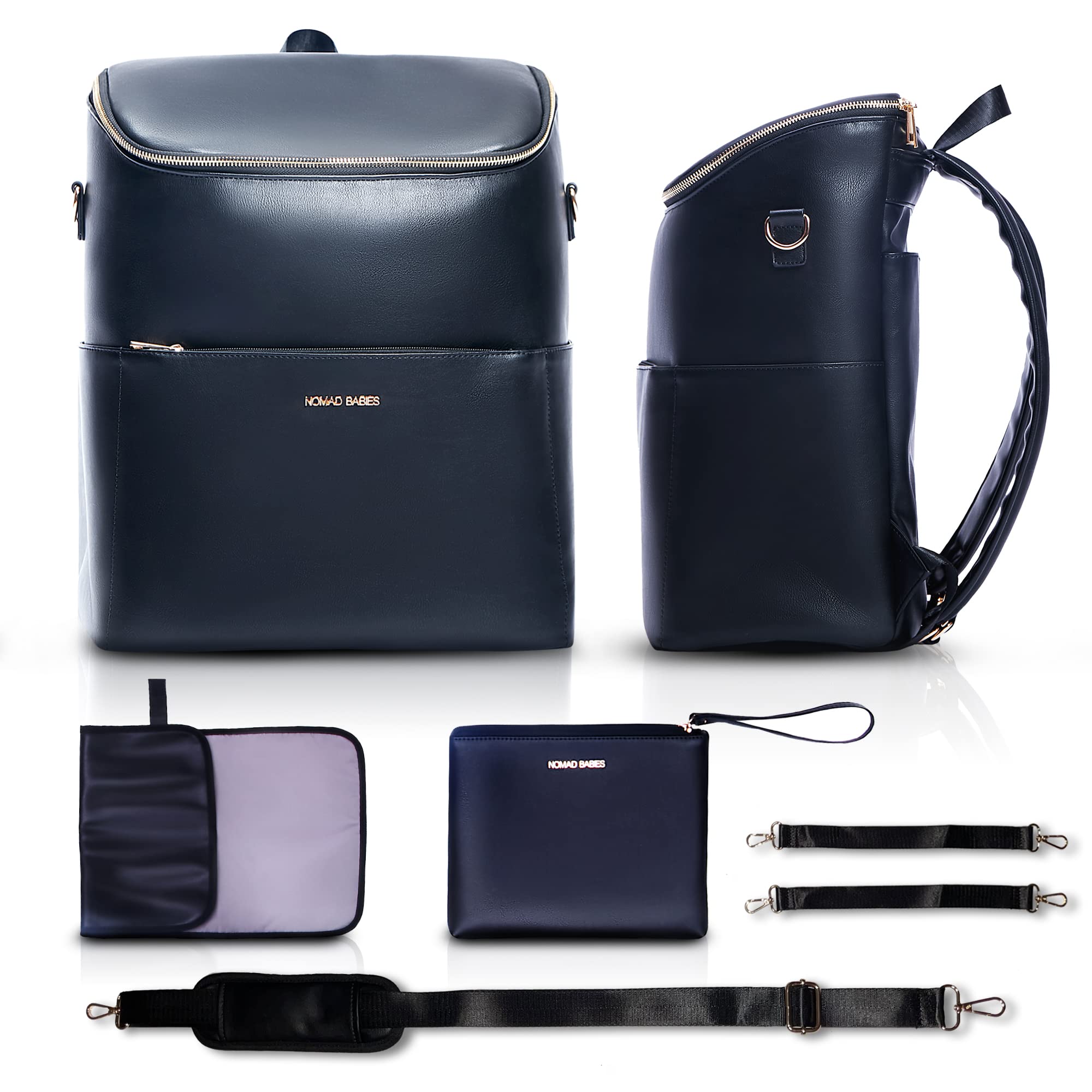 Nomad Babies | Large Leather Designer Diaper Bag Backpack with Insulated Pockets, Dry Clutch Bag, Shoulder Strap, Stroller Straps, and Changing Pad - Black