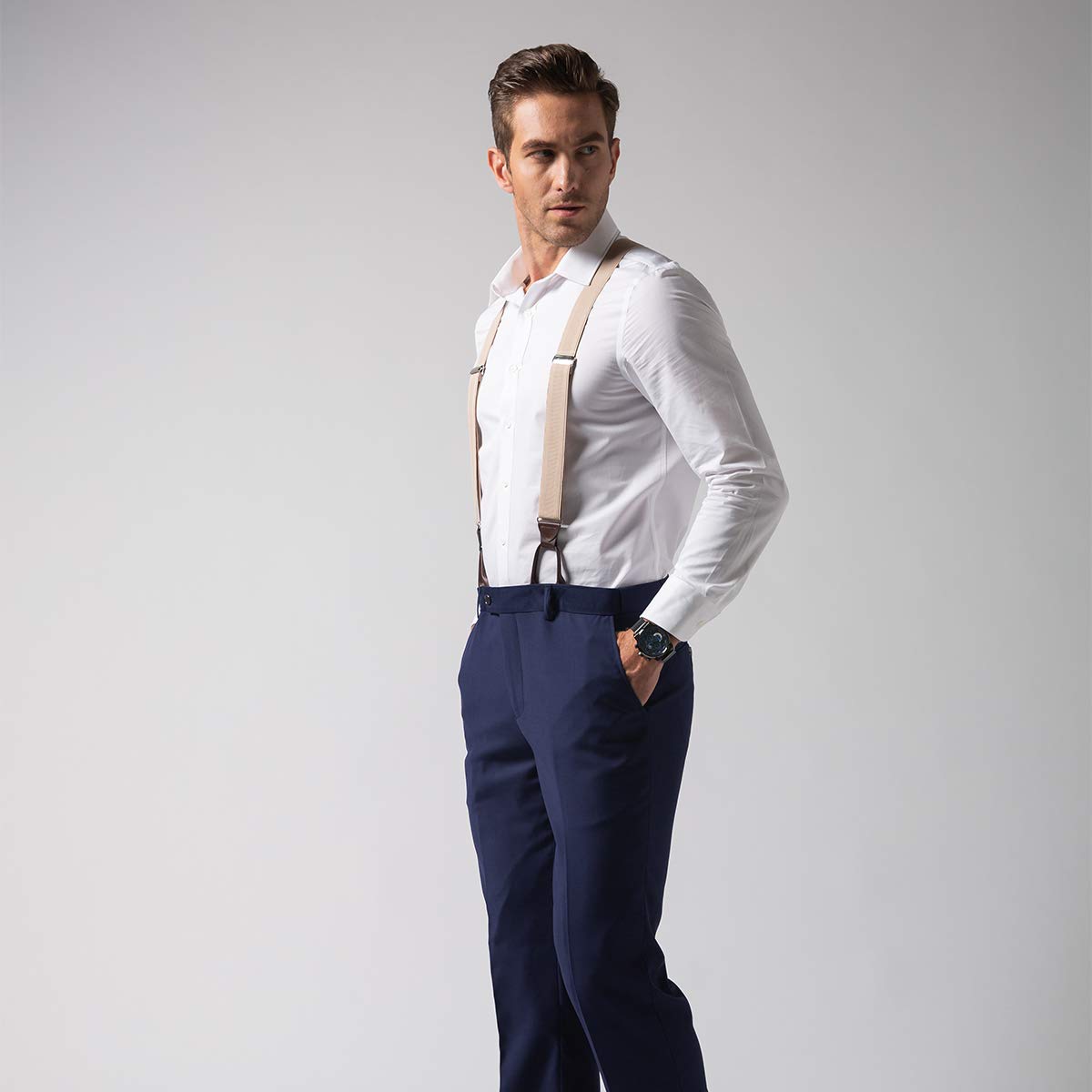 Grade Code Mens Button End Suspenders 49 Inch Y-Back Adjustable Elastic Tuxedo Suspenders (Black)