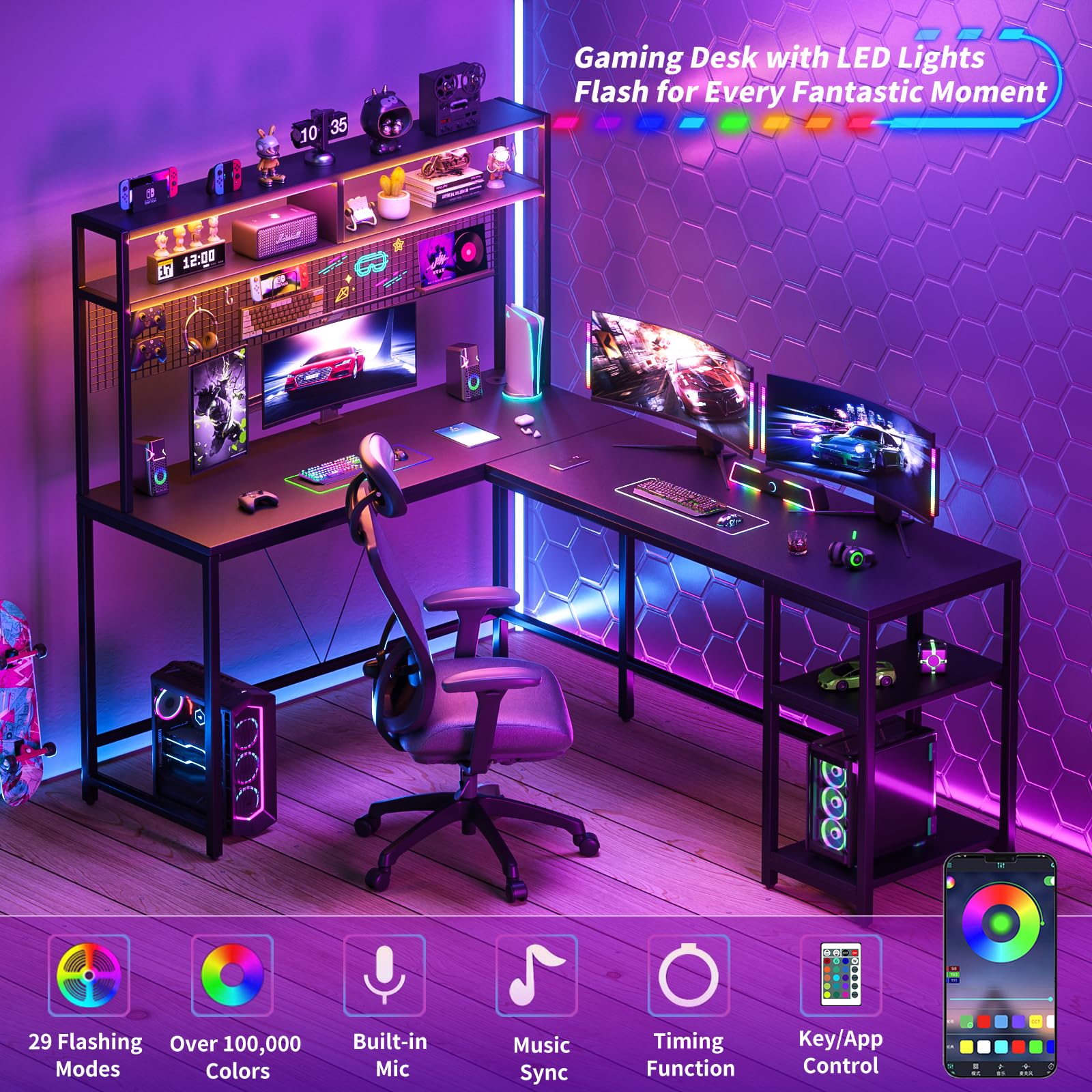 VEELOK 67 inch L Shaped Gaming Desk with Hutch Pegboard LED Lights, L Shape Desk for Home Office Bedroom
