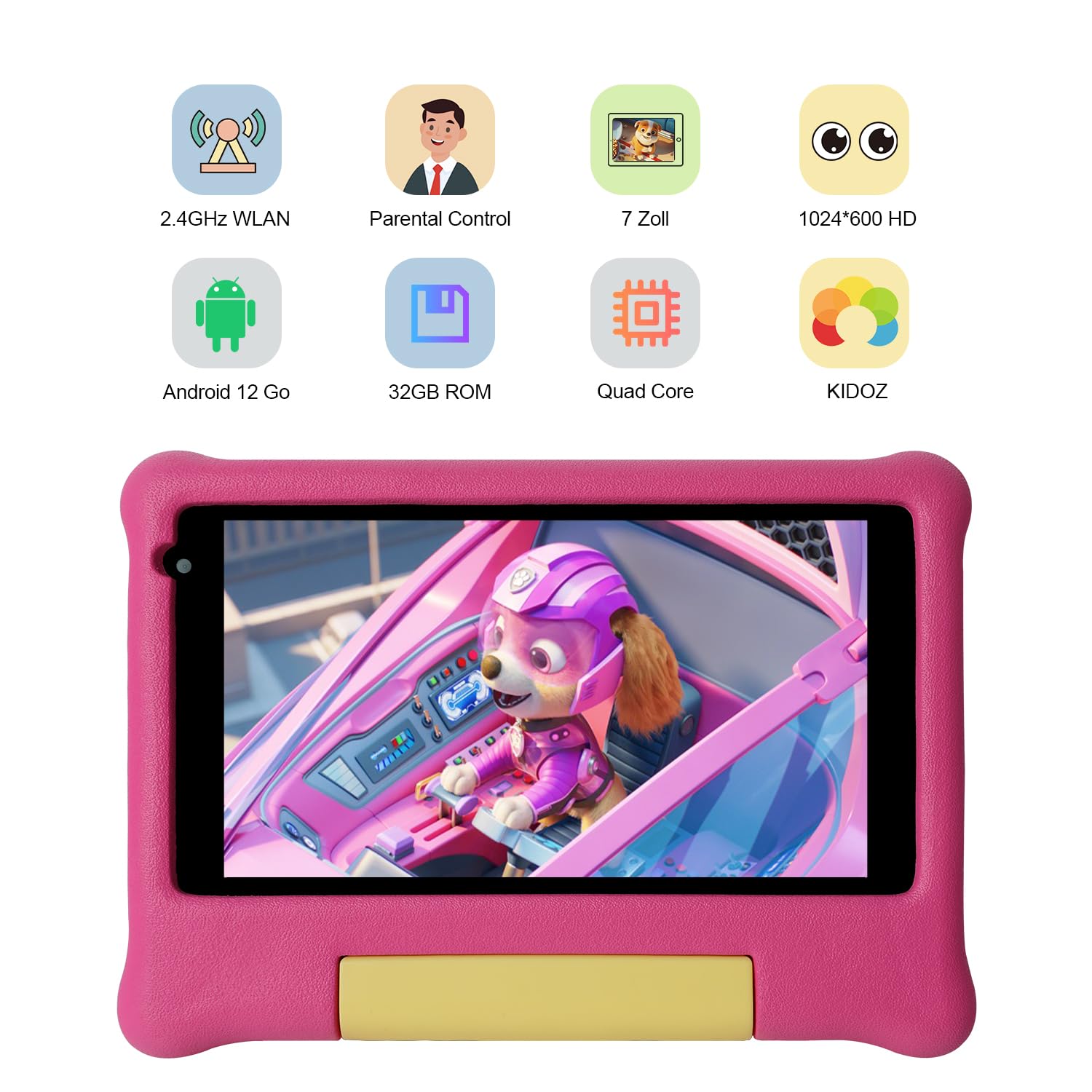 HiGrace Tablet for Kids, 7 inch Android 12 Kids Tablet 2GB RAM + 32GB ROM, HD Display, Quad Core, 128GB Expansion, Dual Camera, Wi-Fi Tablet for Children (Pink)