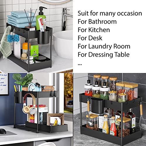 Under Sink Organizers and Storager,Under the Sink Organizer Kitchen Sink Organizer with Hooks, Hanging Cup,2-Tier Multi-purpose Holywarm Under Sink Organize,Bathroom Organizer, 2 Pack