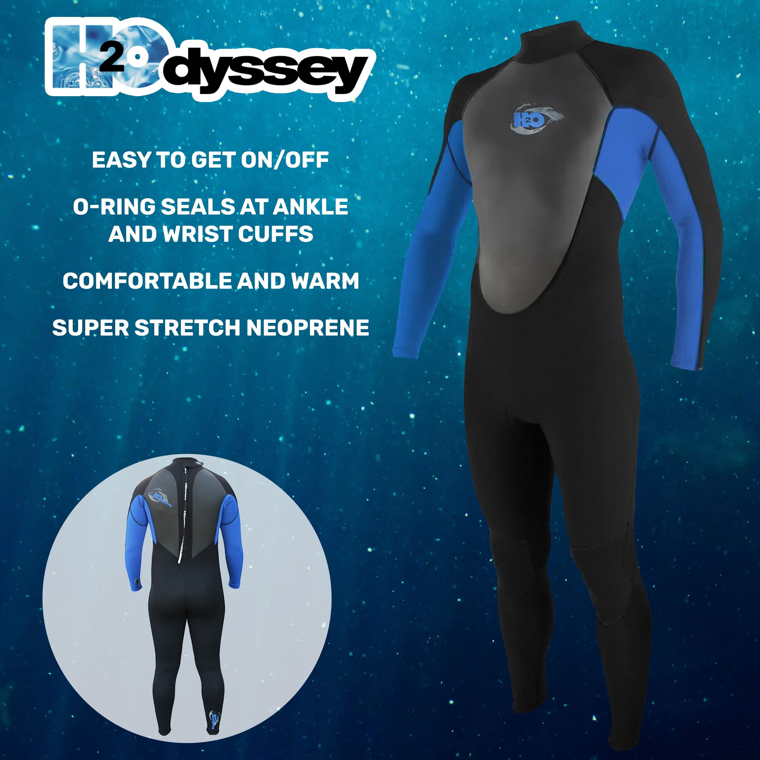 H2Odyssey 3/2mm Men's Vapor Back Zip Wetsuit for Men - Mens Long Sleeve Swimsuit for Surf Board and Deep Sea Diving (Large, Blue)