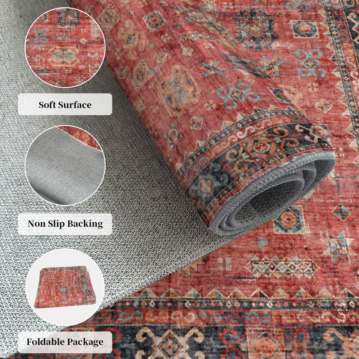 QQL Rug for Living Room, Machine Washable Area Rugs 9'x12' for Bedroom, Ultra-Soft Non-Shedding Faux Wool Vintage Design Boho Low Pile Mat Throw Carpet,Stain Resistant Rugs with Non-Slip Backing