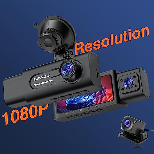 SPADE 3 Channel Dash Cam Front and Rear Inside, 1080P Full HD Dash Camera for Cars, Free 32GB SD Card, 170° Wide Angle, 3.16”IPS Screen, Night Vision, WDR, 24H Parking Mode