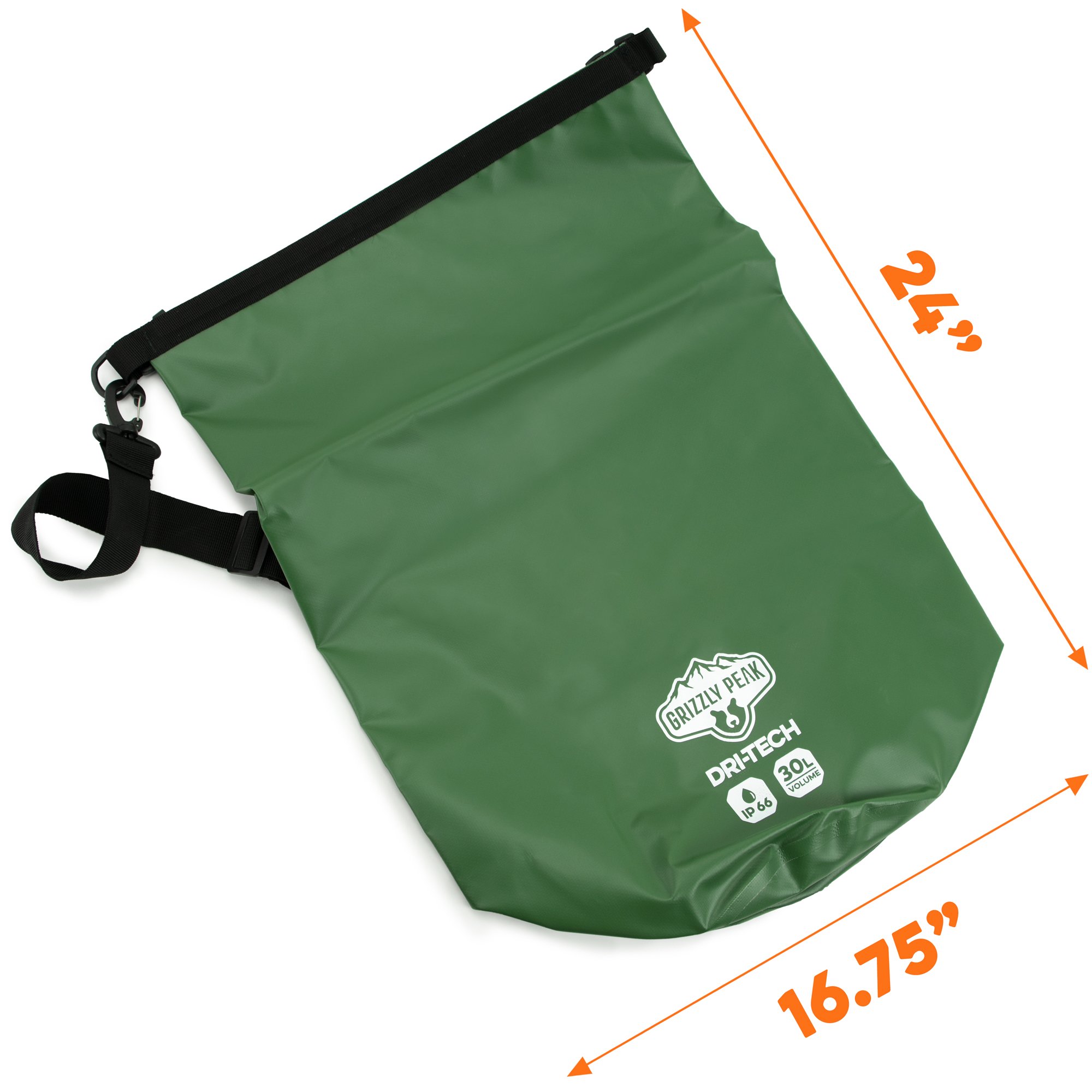 Grizzly Peak Dri-Tech Waterproof Dry Bag IP 66 Lightweight Roll-Top Sack with Adjustable Straps, 30 L