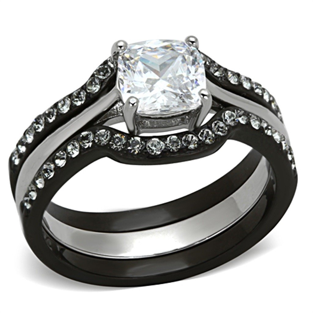 His & Hers 4 PCS Black IP Stainless Steel CZ Wedding Ring Set/Mens Matching Band-SIZE W5M11