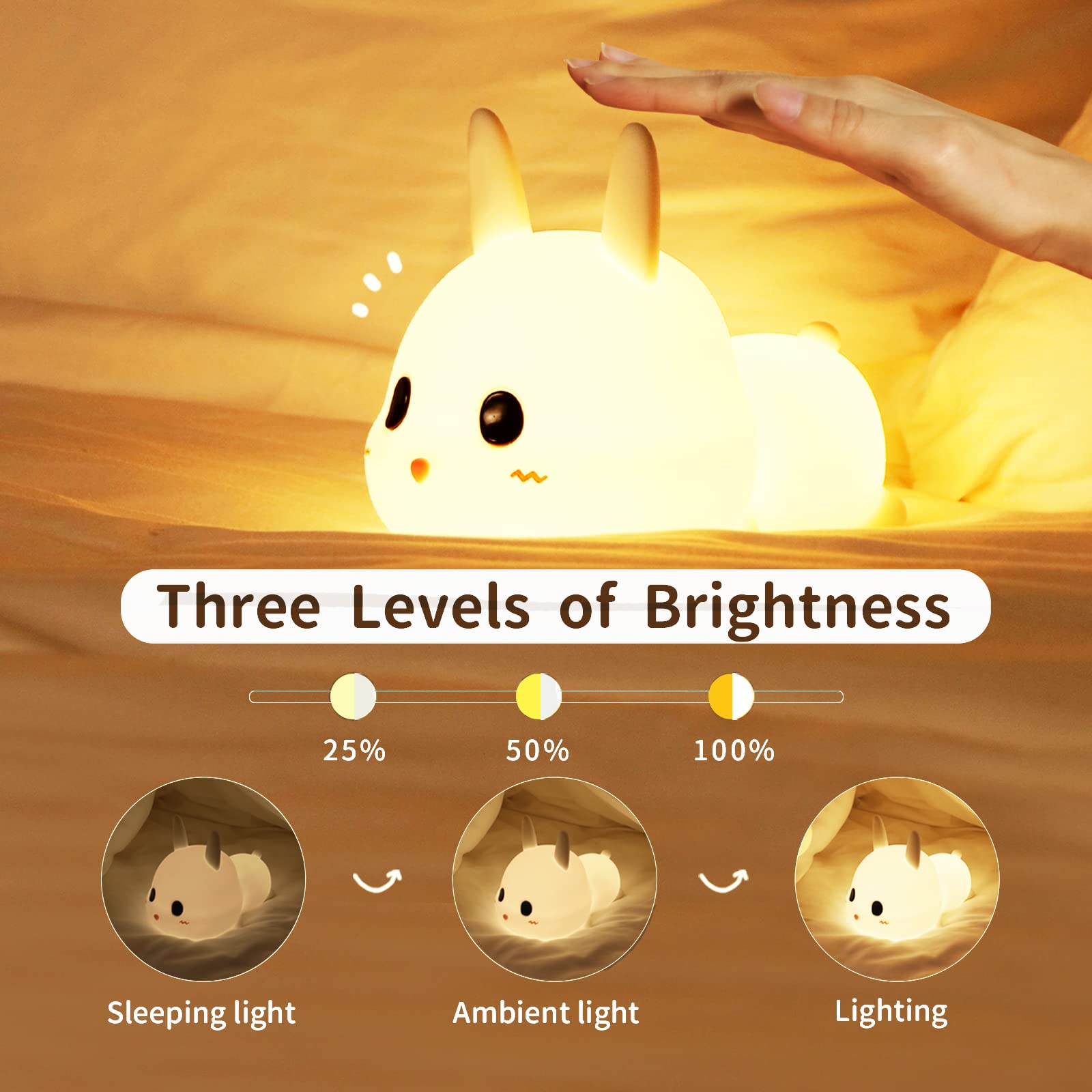 Qrbsi Cute Night Light for Kids, Bunny Night Light with Warm Light & Dimmable, Tap Control Kids Night Light with Timer, Rechargeable Toddler Night Lights, Kawaii Bunny Lamp for Room Decor
