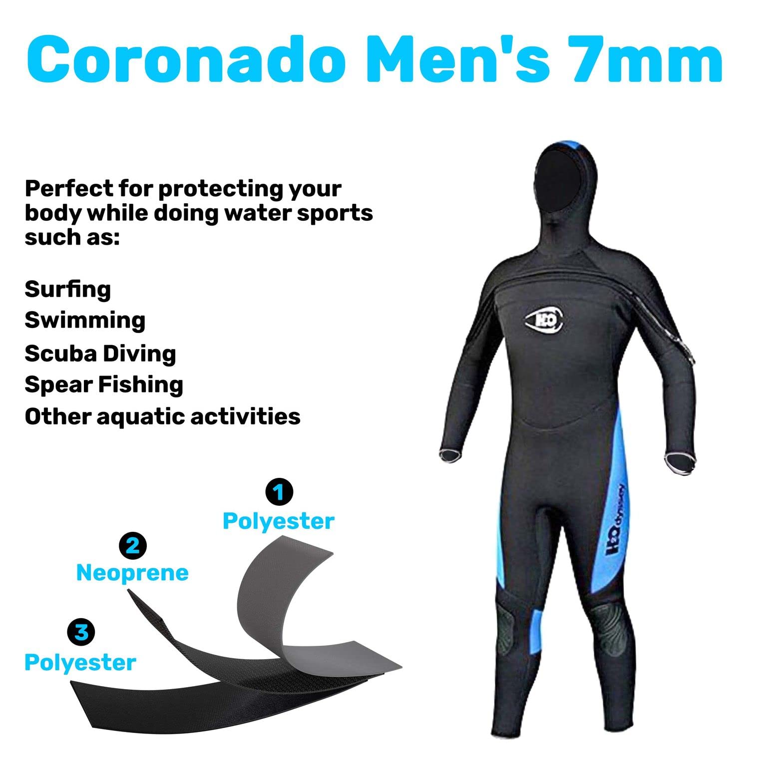H2odyssey Coronado Mens Hooded Wet Suit - 7mm Neoprene Mens Suit for Scuba Diving - Front Zip Wetsuit for Men