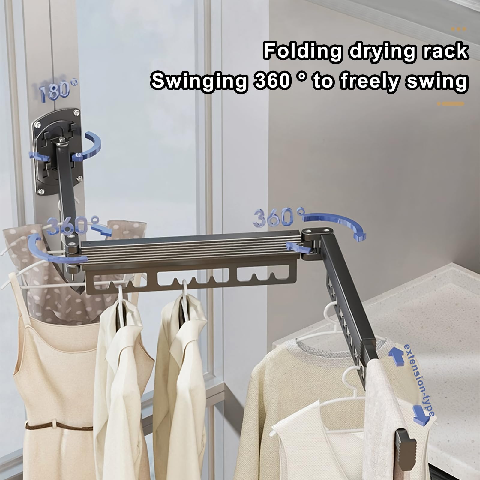 QruiLanTu Clothes Drying Rack Wall Mounted Retractable Clothes Drying Rack Space-Saver Laundry Drying Rack Collapsible(Tri-Fold) for Balcony, Laundry, Bathroom, Patio, Apartment, Dormitory(Dark Grey)