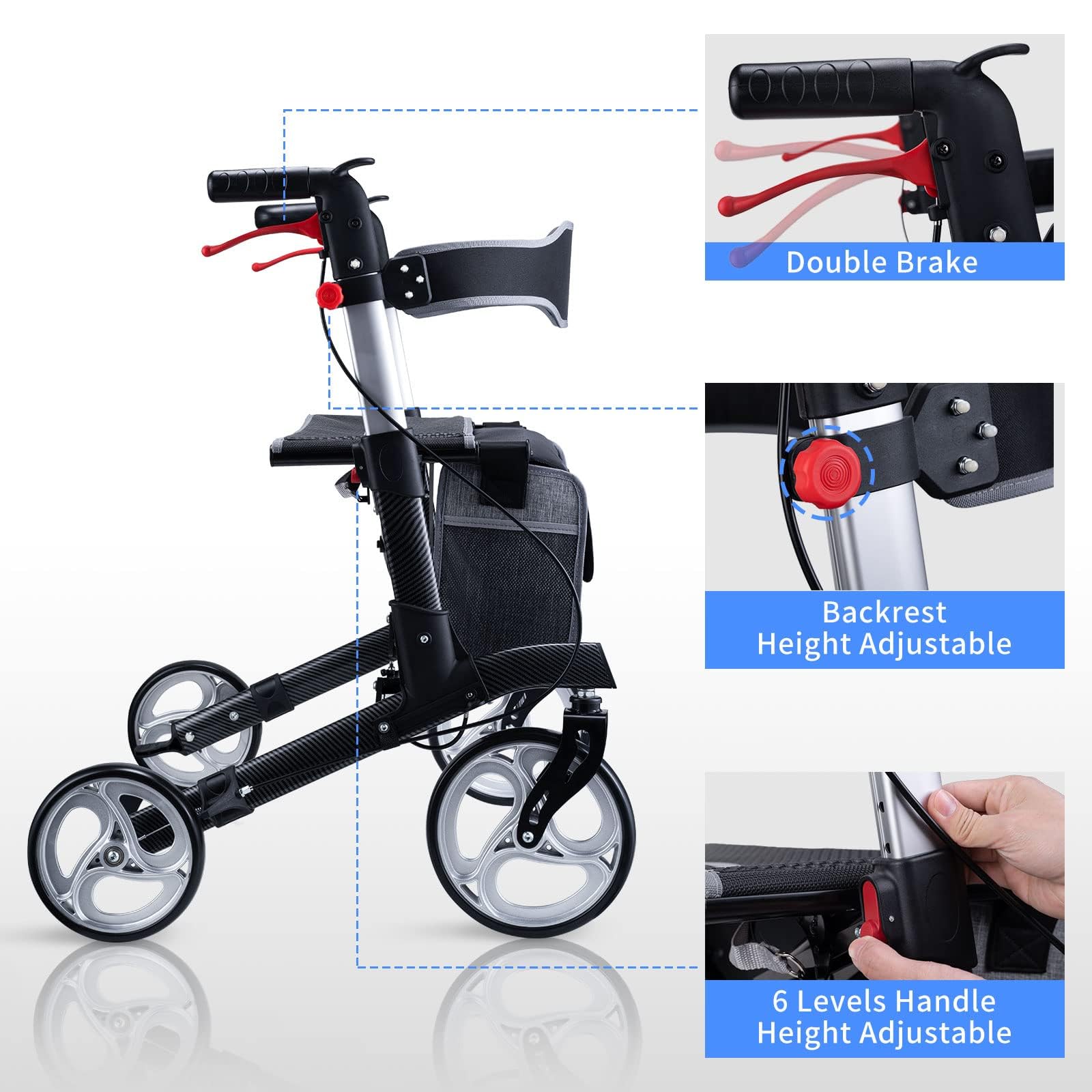 HAMED Heavy Duty Rollator Walker with Extra Wide 20" Seat, Support to 400 lbs, Double Folding Rolling Walker for Senior with 10" Wheels, Aluminum Mobility Walking Aid, Black