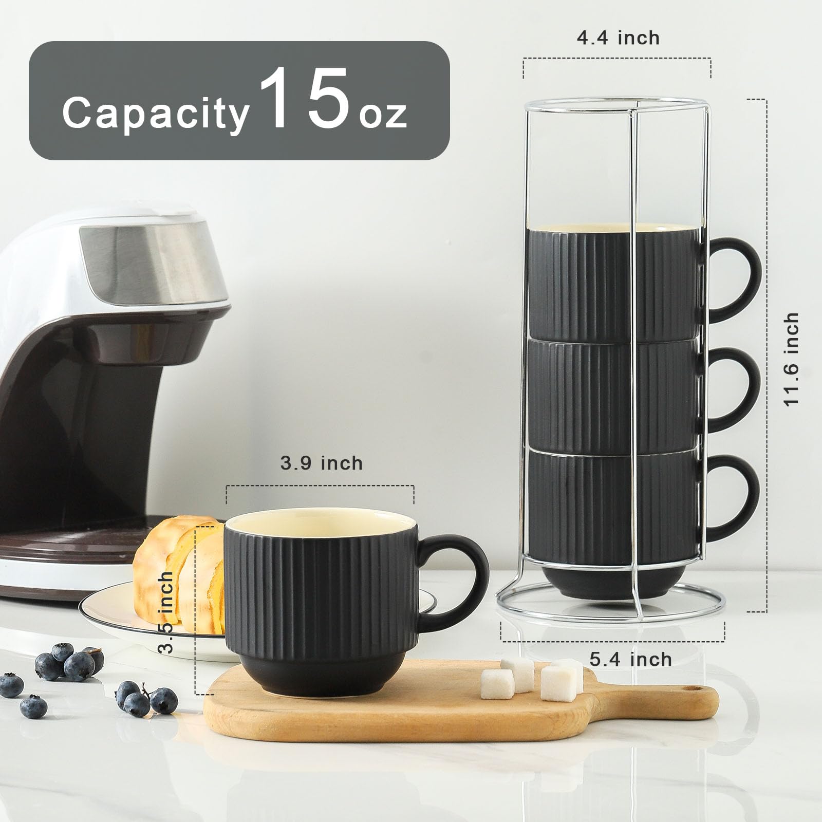 Hasense 15 OZ Stackable Coffee Mugs Set of 4 - Ceramic Embossed Coffee Cups Large Porcelain Restaurant Drinking Cups with Rack Perfect for Coffee, Tea, Cocoa, Milk and Latte, Green