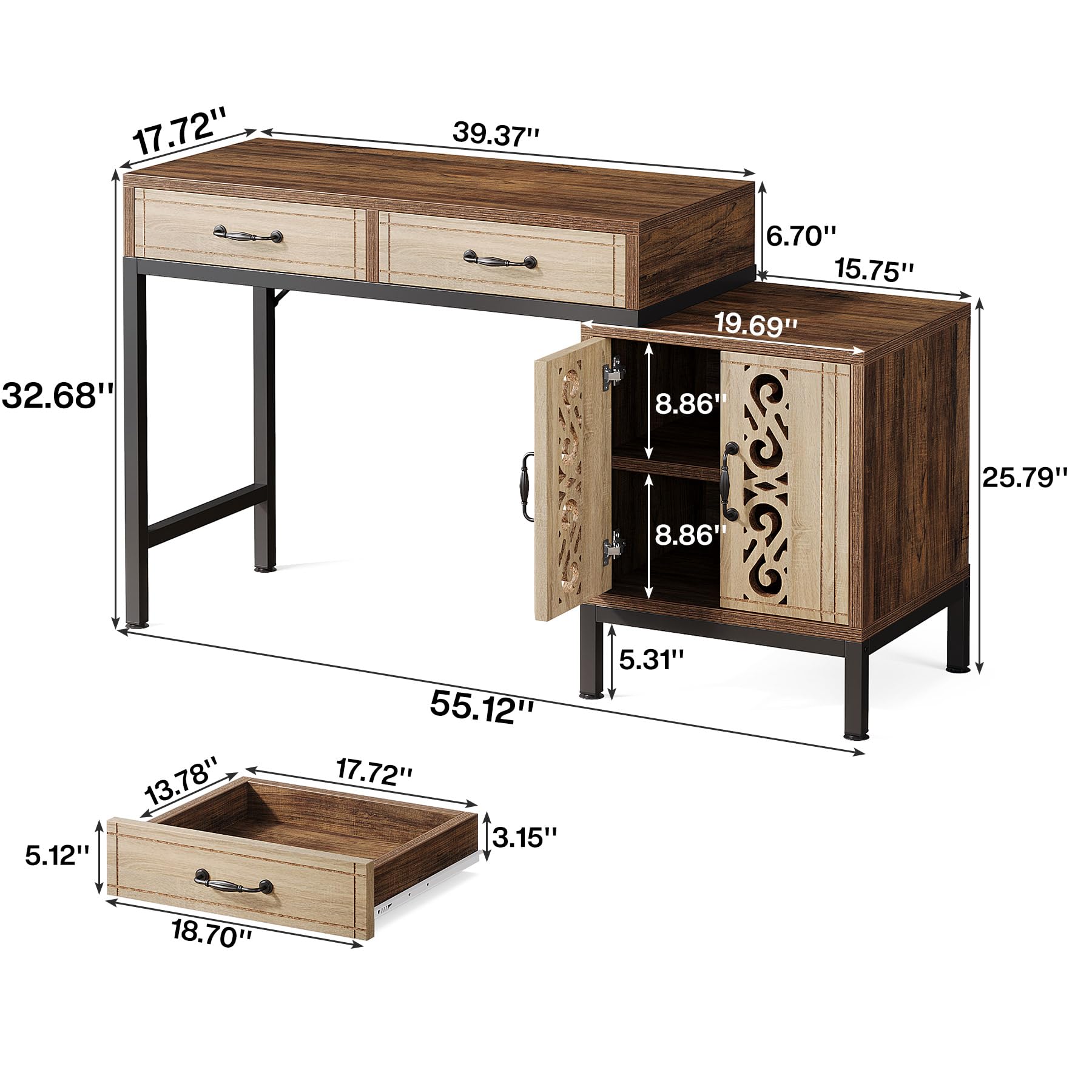 Tribesigns 55-Inch Computer Desk with Drawers, Home Office Desk with Storage Cabinet and Printer Space, Reversible Computer Desk Workstation for Home Office, Bedroom, Wood and Brown