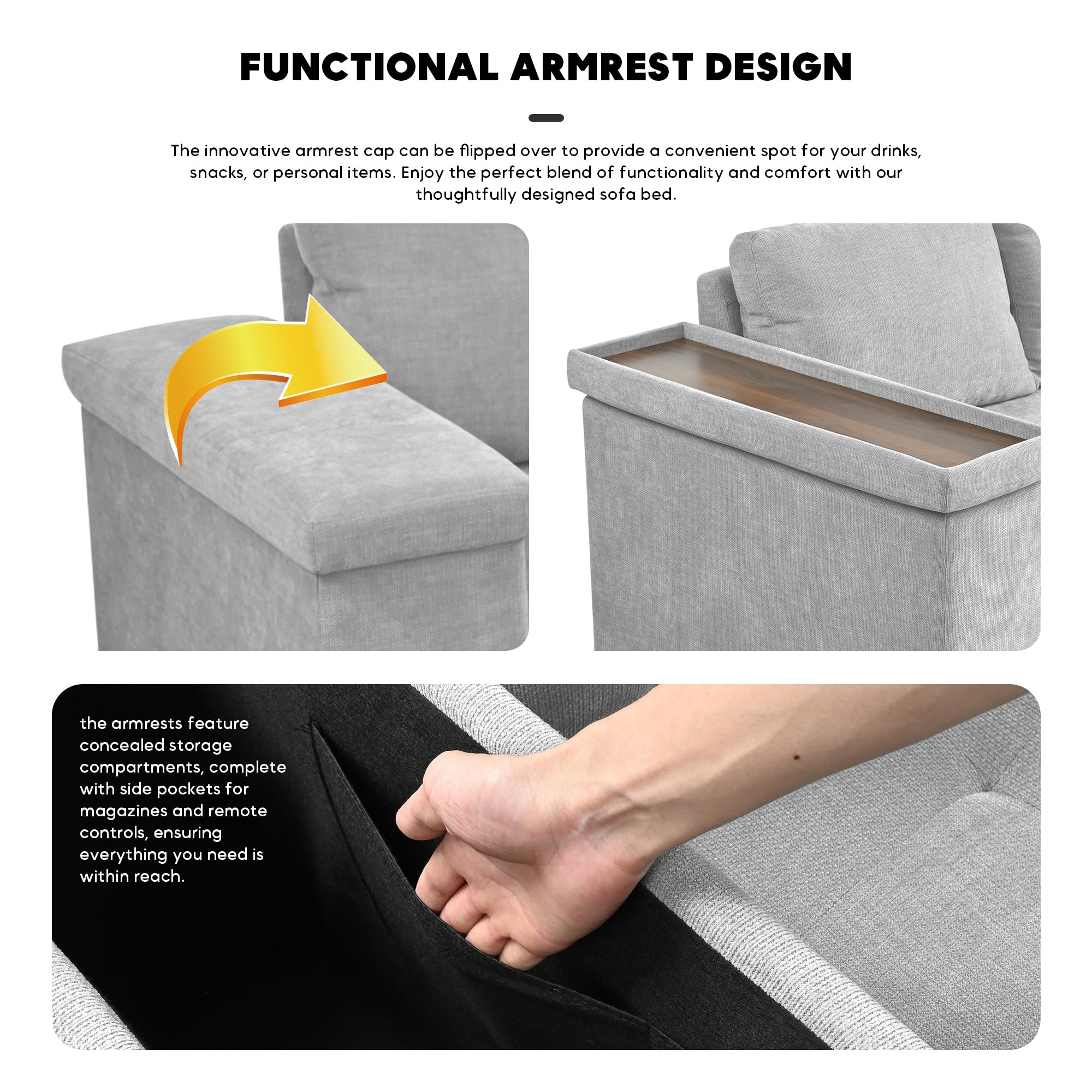 ZEIINPA 91.5β Modern Sleeper Sofa Bed, Linen Pull Out Couches with Storage Chaise, Comfy L-Shaped Sofa with Wooden Armrest Tray for Living Room, Apartment, Office, Studio, Home Theater-Grey