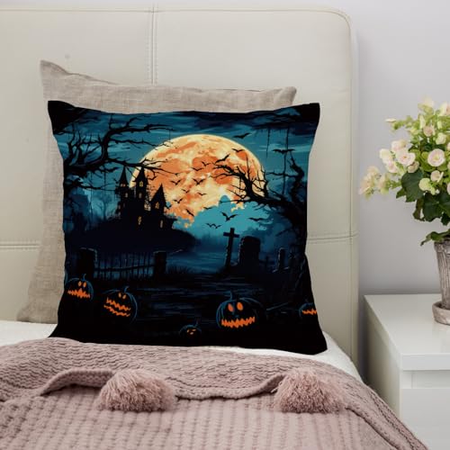 Halloween Moon Pillow Covers Pumpkin Ghost Moon Cute Washable Couch Decorative Pack of 2 Soft Linen Pillow Covers Living Room Bedroom Dorm,Blue,18x18 Inch