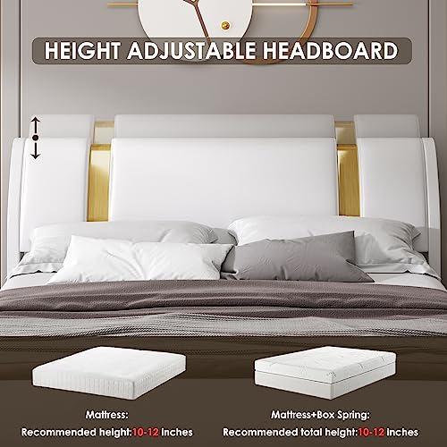 TTVIEW Modern Faux Leather Upholstered Platform Bed Frame with Golden Iron Metal Decor, Adjustable Curved Headboard, Wooden Slats Support, No Box Spring Needed, Queen Size, White
