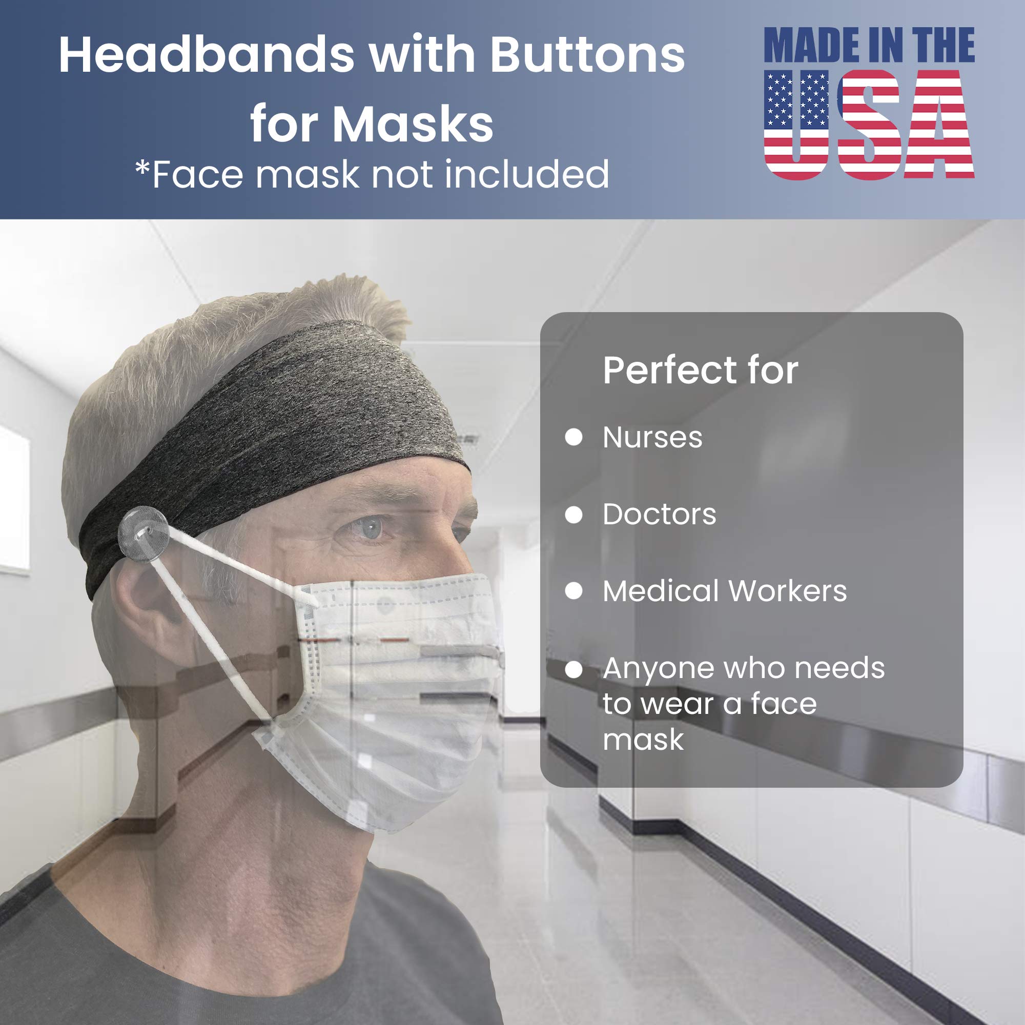 Headband with Buttons for Nurses (Mask not Included) Made in USA - Black One Size