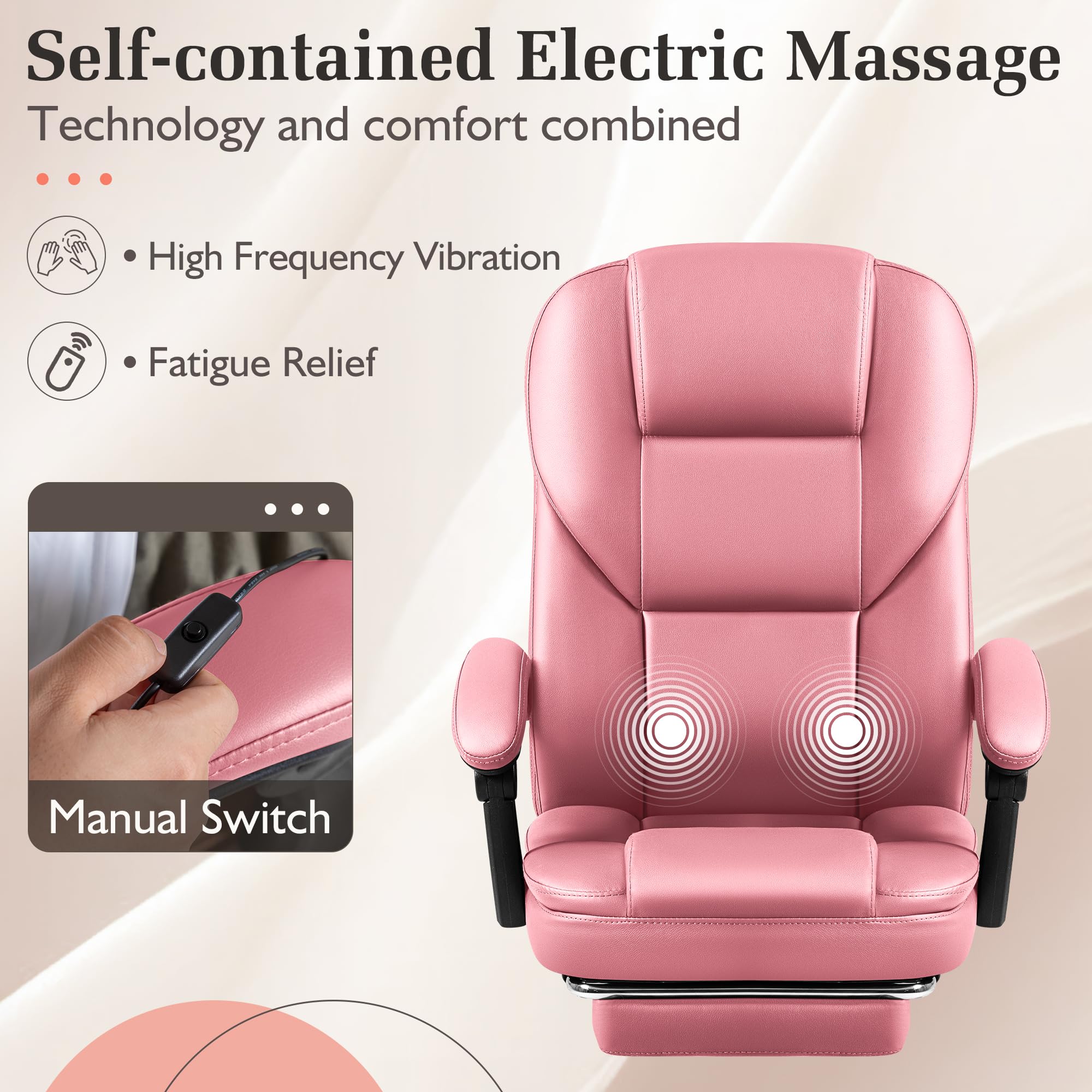 Shahoo Executive Office Chair with Massage, Ergonomic Reclining High Back Leather Seats with Footrest and Lumbar Support, Big and Tall, 500Lbs Heavy Duty, Pink