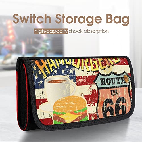 Nostalgic Route Diner Sign Carrying Case Storage Holder Bag Printed Handbag for Switch Console Game and Slots Cards Accessories