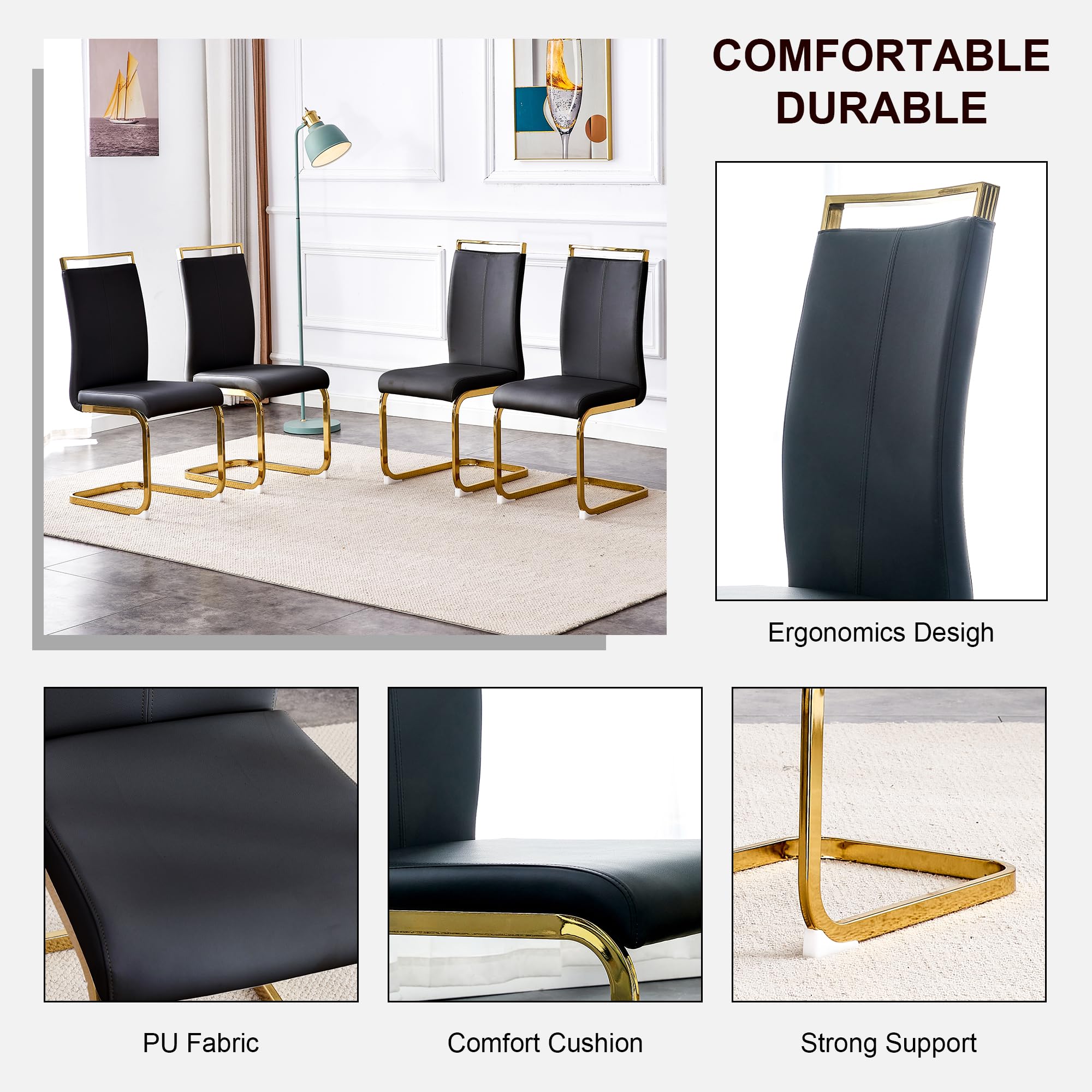 HAIZAO 63 inch Marble Dining Table Set for 8, Black Marble Grain Finish Tabletop Dining Table with MDF Base, PU Faux Leather Chairs with Golden Metal Legs, for Dining Room Kitchen, Black
