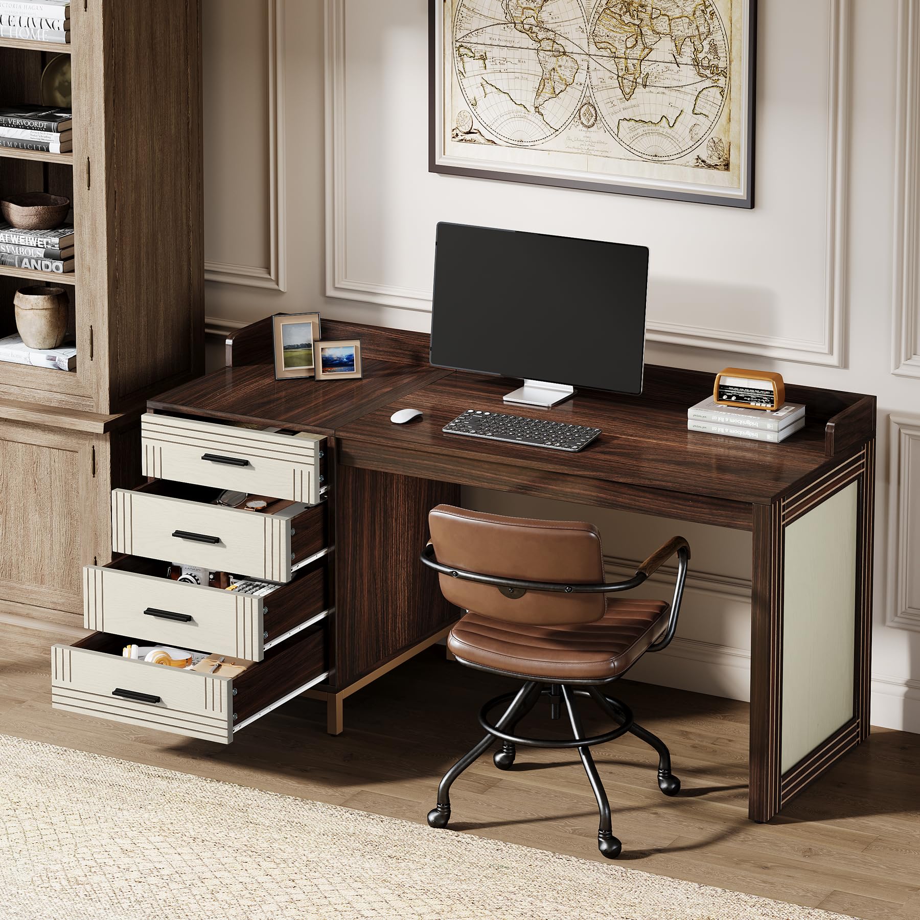 Tribesigns 61-Inch Computer Desk with 4 Drawers, Mid-Century Modern Office Desk with Storage, Wood Study Writing Table for Home Office, Study Room, Bedroom, Brown & Beige