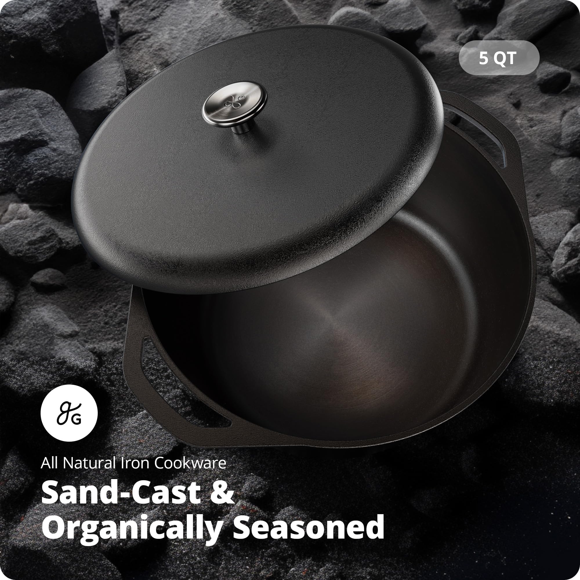 Greater Goods Cast Iron, 10-Inch Dutch Oven with Lid, 5 Quarts Capacity