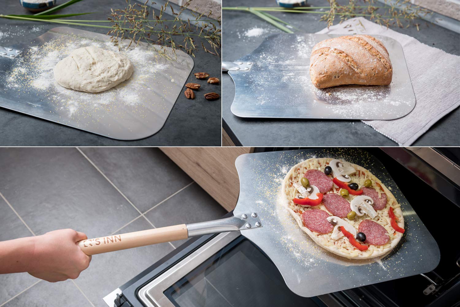 Perforated Pizza Peel, Professional 12 x 14 Inch Paddle Anodized Aluminum Turning Peel with detachable wood handle for Home Made Pizza By Q's INN.