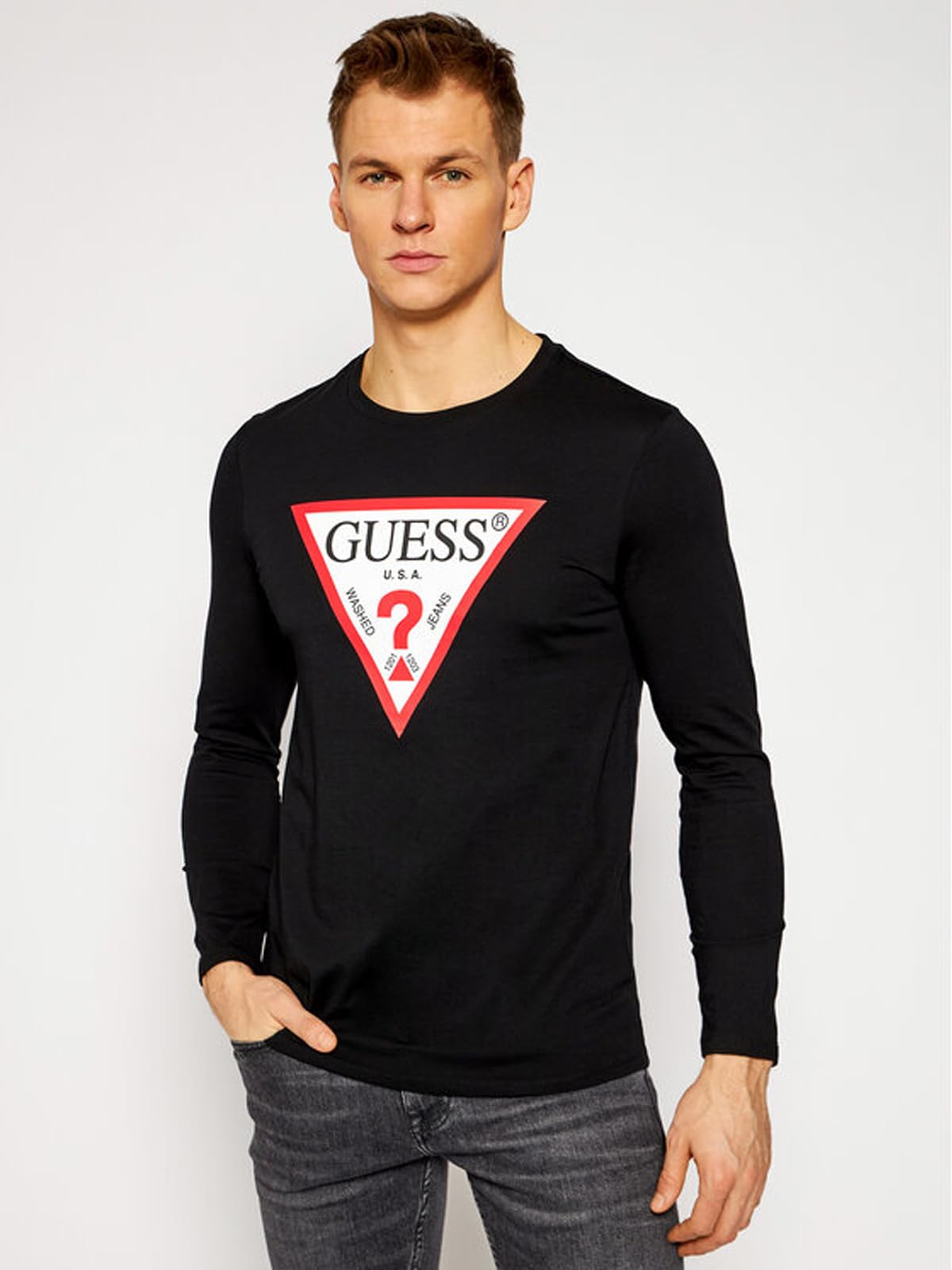 GUESS Men's Crewneck Long Sleeve Original Logo Tee, Black, Large