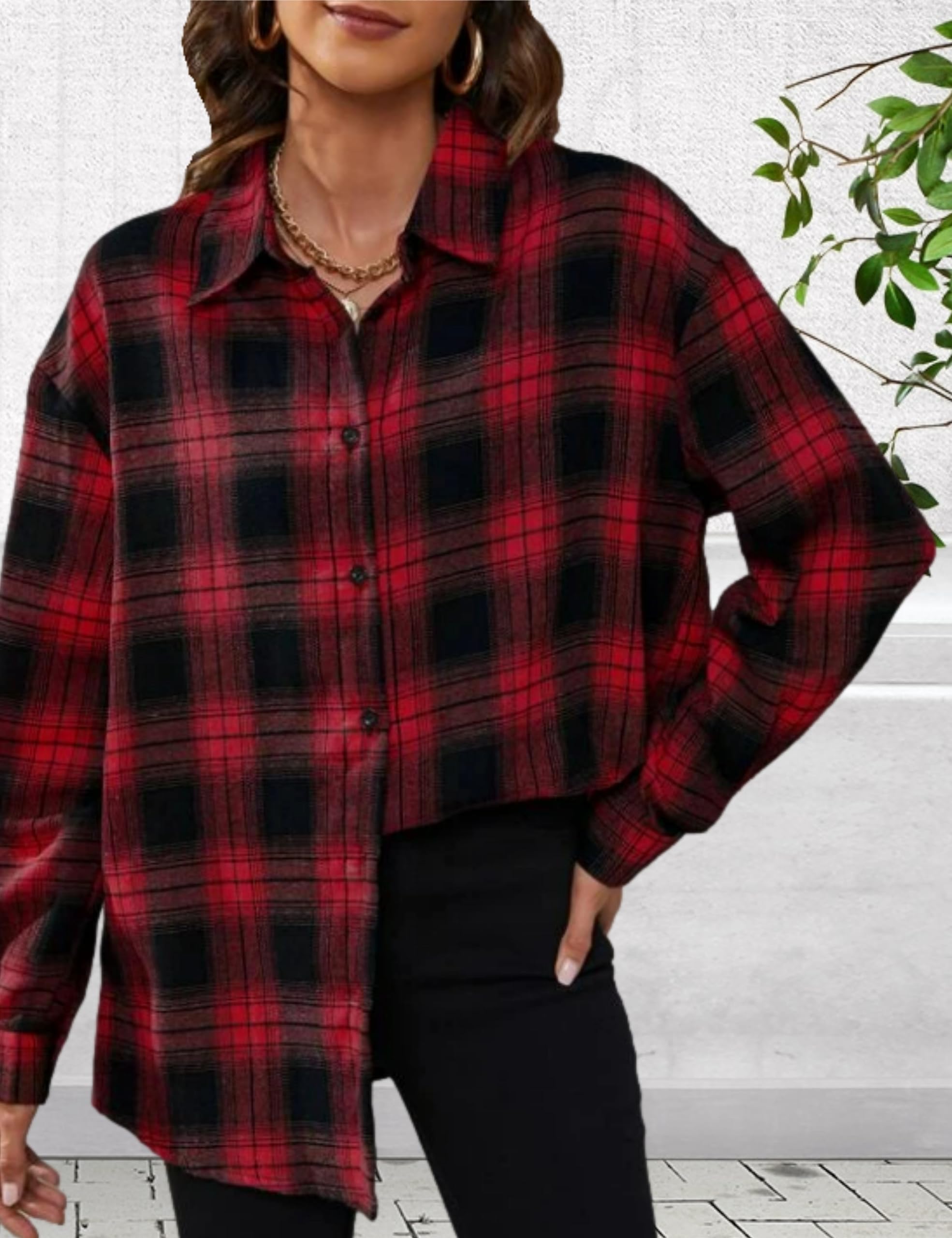 HangNiFang Flannel Red Black Plaid Shirts for Women Oversized Button Down Shirts Blouse(0768-RedBlack-M)