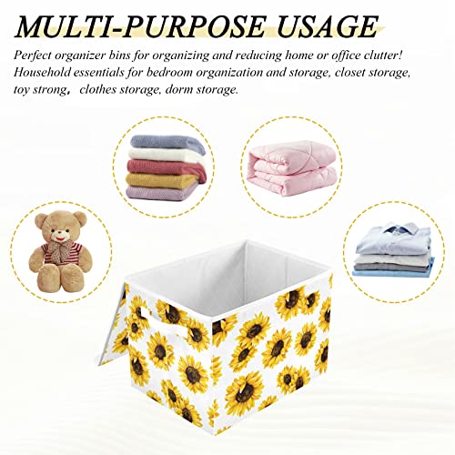 stargrass Foldable Storage Bin Fabric Decorative Storage Box with Lid and Handles,Flower Sunflower Yellow Collapsible Storage Basket 11.8x12.6x16.5 Inch