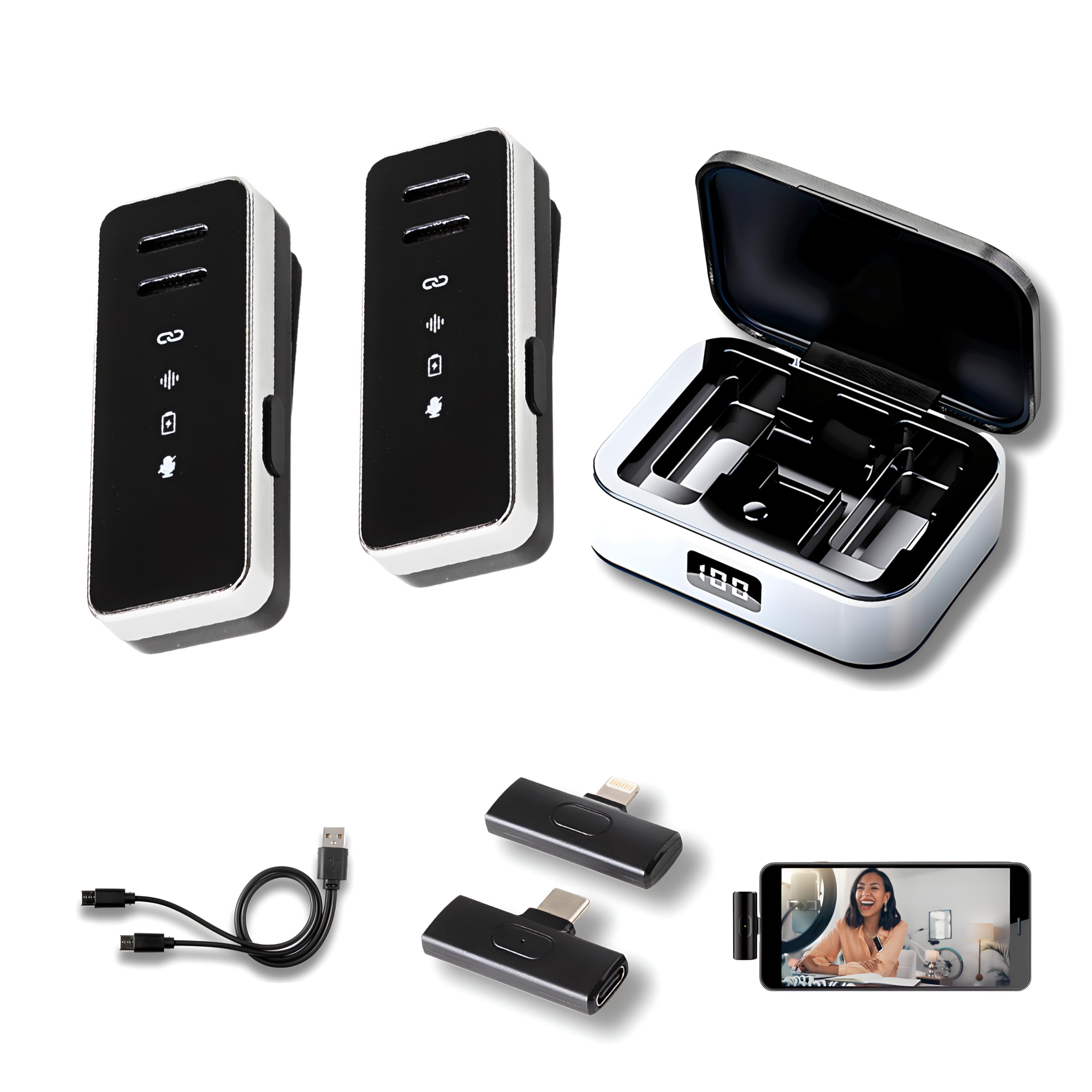 NOUVALEO 2 Pack Wireless Lavalier Microphone for iPhone iPad Android Phones with Charging Case- 24H Clip-on Lapel Mic for Video Recording YouTube Vlog TikTok, 75Ft, Smart Noise Canceling