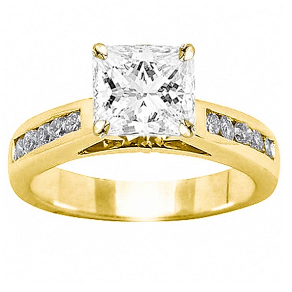 Houston Diamond District - 14K Yellow Gold 2 Carat LAB GROWN DIAMOND Classic Channel Set Princess Cut Diamond Engagement Ring (G-H Color VS2-SI1 Clarity 1.5 Ct Center), Size: 7