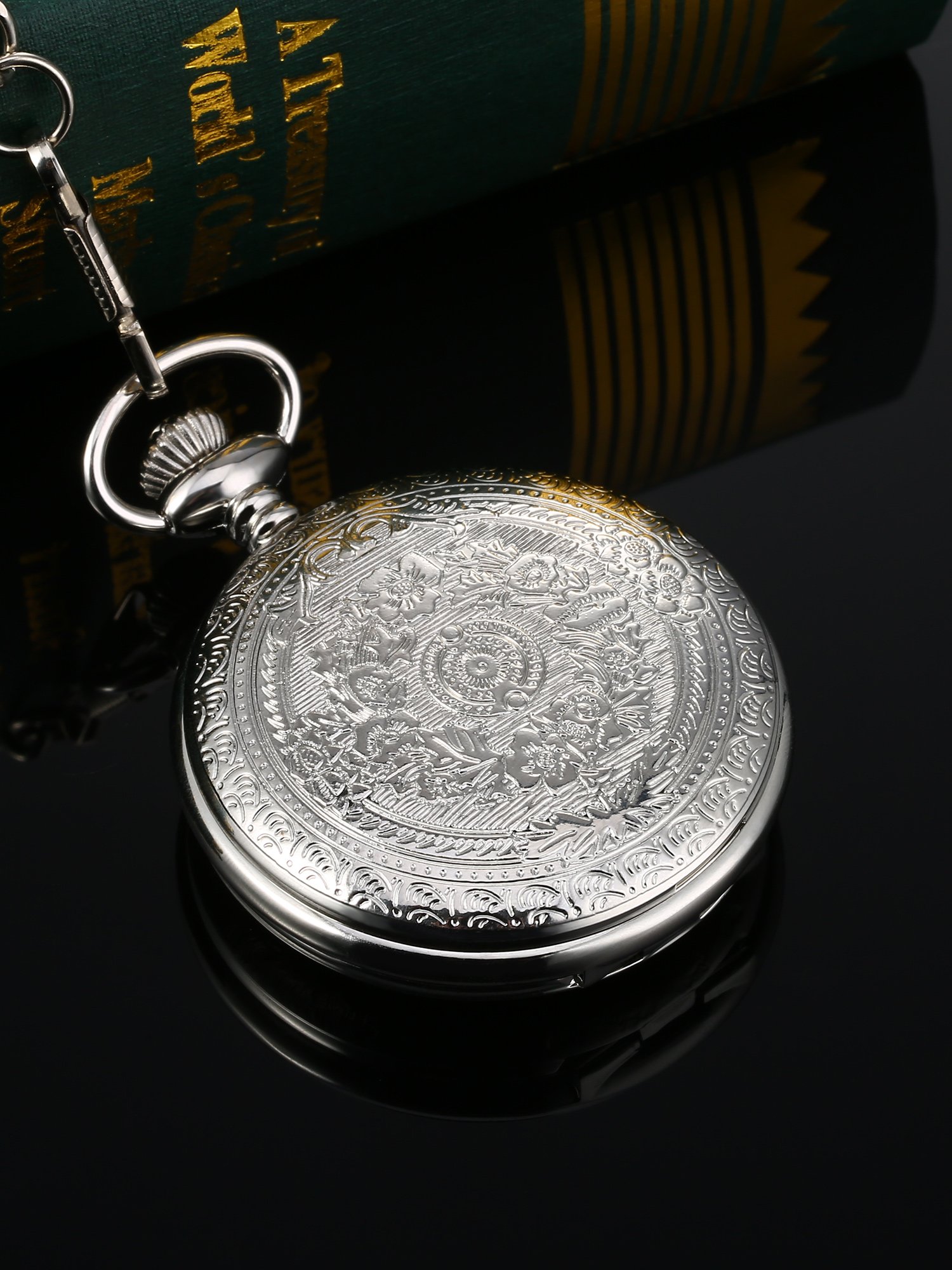 Hicarer Quartz Pocket Watch for Men with Black Dial and Chain Vintage Roman Numerals Christmas Gifts Birthday (Silver)