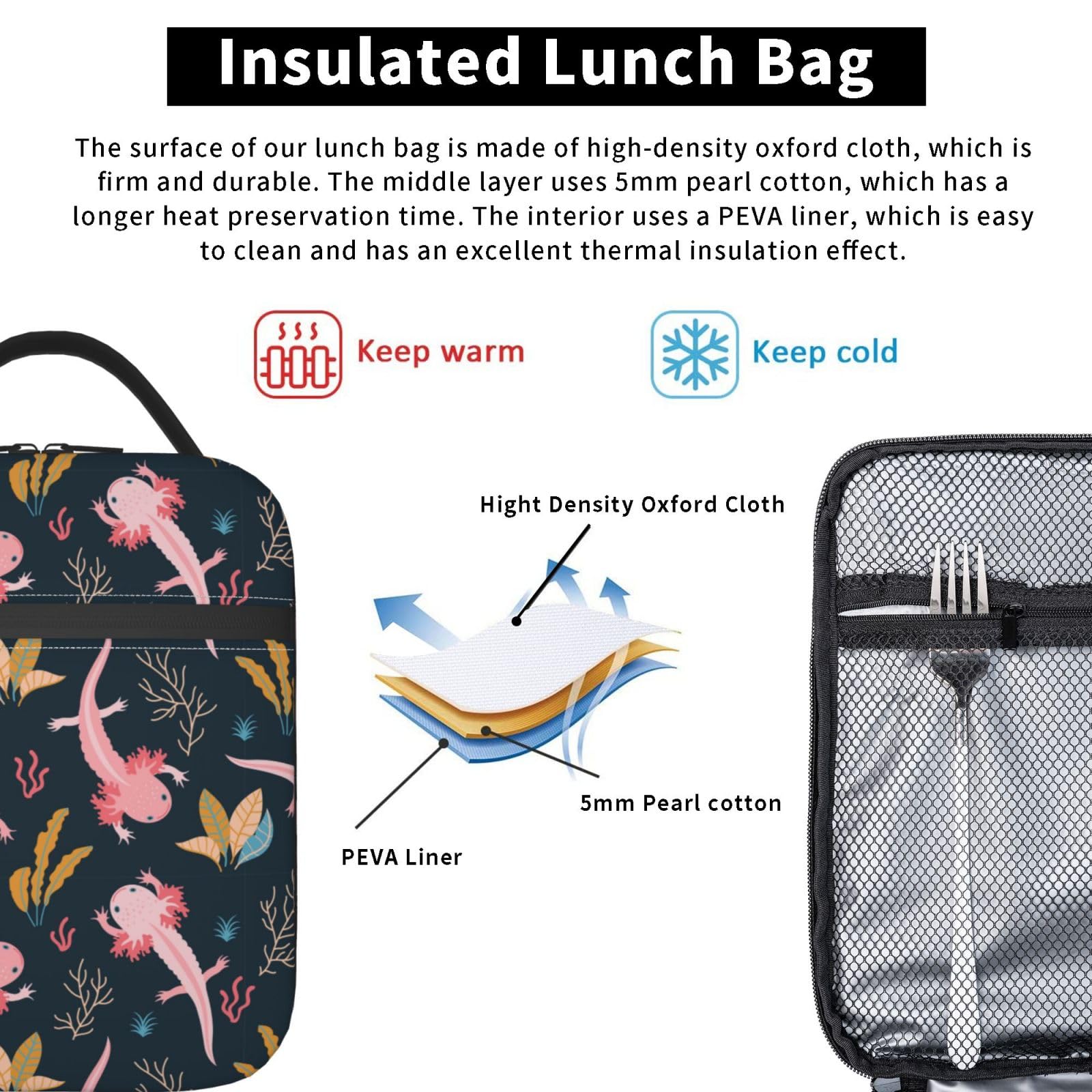 Greatreme Axolotls Lunch Bag For Men Women, Reusable Insulated Lunch Bag Portable Lunch Tote