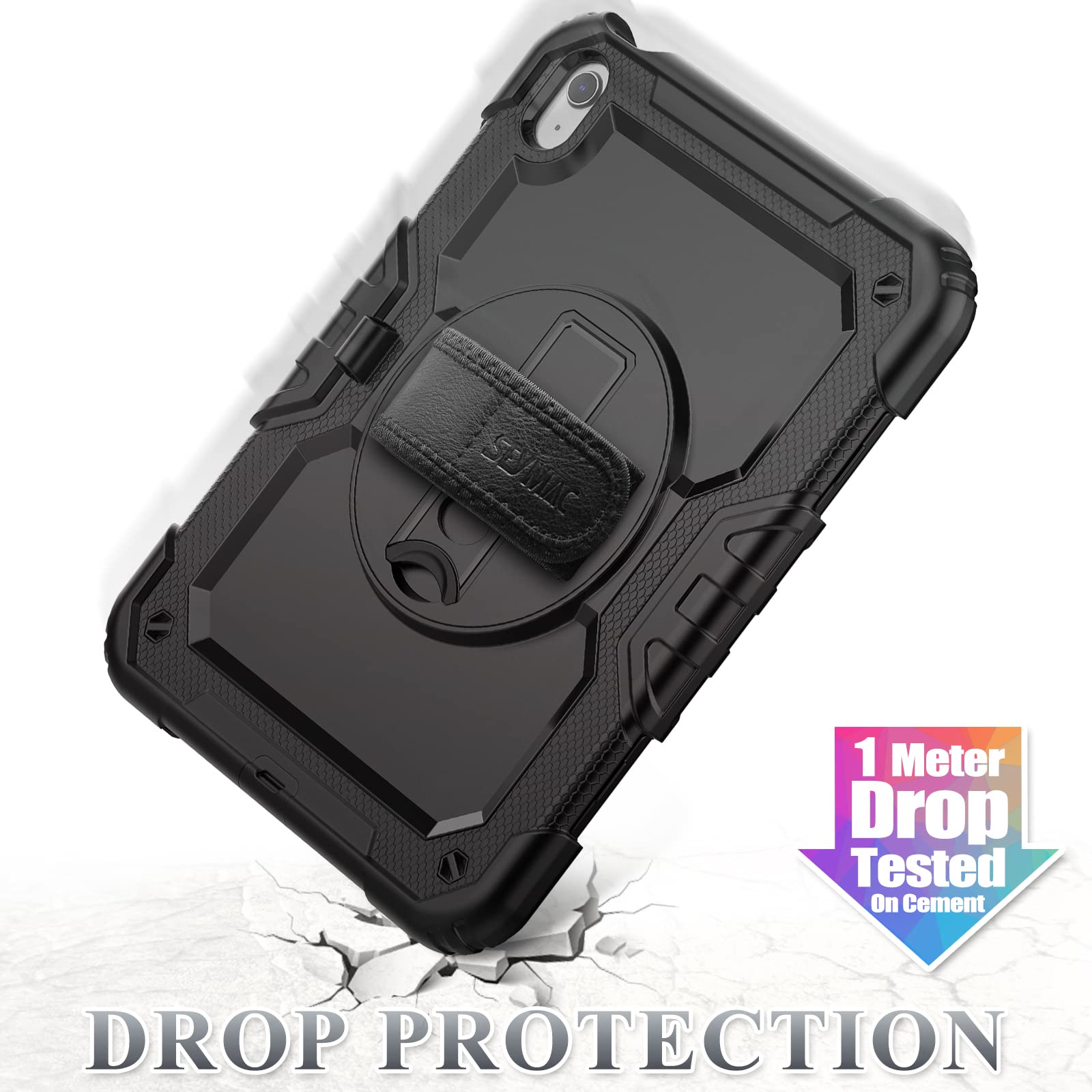 SEYMAC stock Case for iPad 10th Generation 10.9'', Full-Body Drop Protection Case with Screen Protector &360° Rotate Hand Strap/Stand, Black