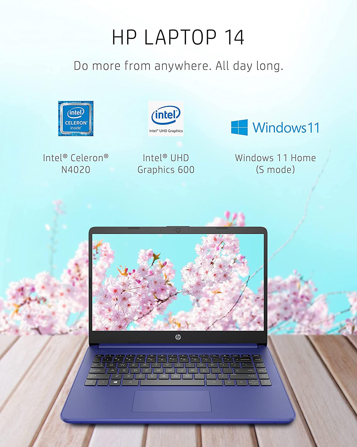 HP 14 Laptop, Intel Celeron N4020, 8GB RAM, 64 GB Storage, 14-inch HD Touchscreen, Intel UHD Graphics 600, Windows 11, Thin & Portable, 4K Graphics, One Year of Microsoft 365, Indigo Blue