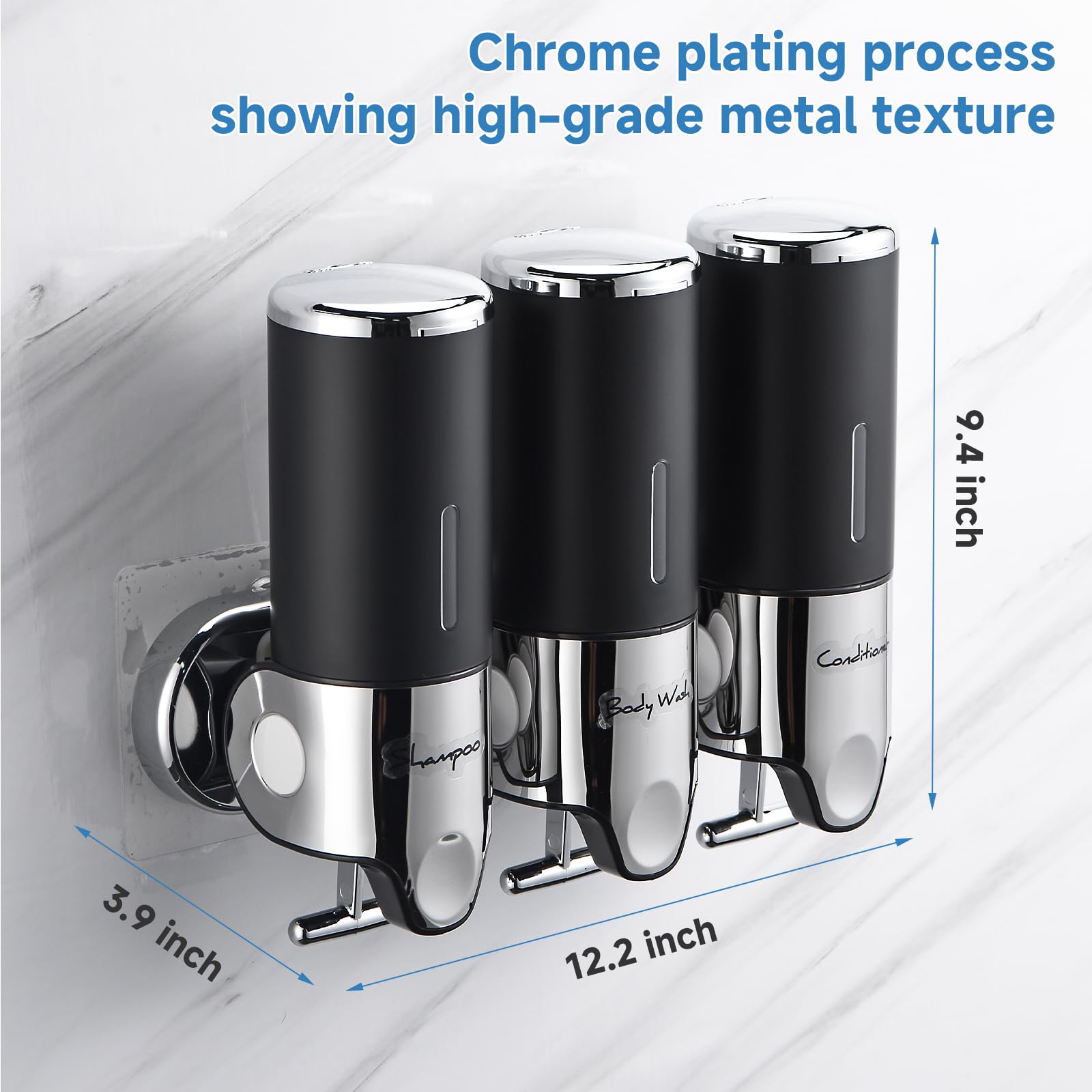 Shampoo and Conditioner Dispenser, Shower Soap Dispenser 3 Chamber No Drill for Shower Wall Mounted(Black)