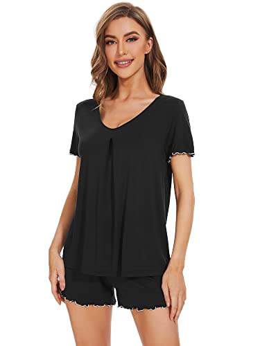WiWi Bamboo Viscose Pajamas for Women Soft Summer Pajama Short Sets Ruffle Seams Sleepwear Comfy Pleated Pj Set S-XXL, Black, X-Large
