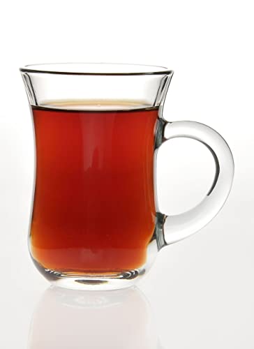 Turkish Tea Glasses With Handle - 6 pcs Tea Cups, Slim Waist Design and Thick Sole Prevent the Tea From Getting Cold, Capacity 145cc, 4 3/4 Oz, 2.5" x 4H"