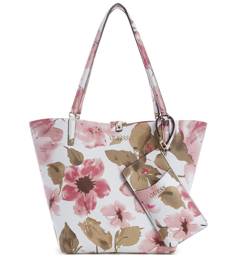GUESS Women's Alby Toggle White Pink Floral Tote Handbag Purse + Phone Case