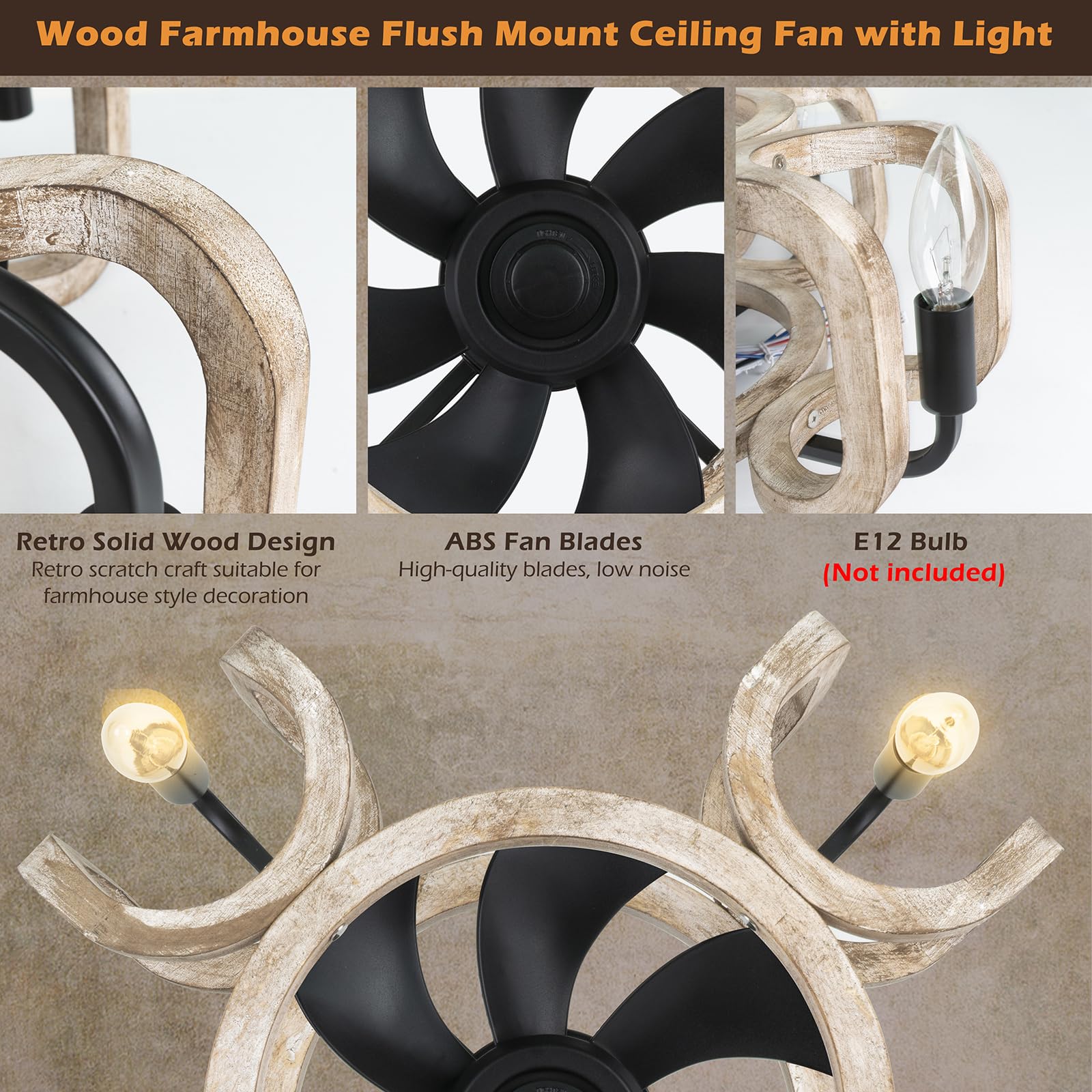 GQR Flush Mount Ceiling Fan with Light, Farmhouse Wood Ceiling Fan with Remote, Caged Fandelier Ceiling Fan Light, Low Profile Ceiling Fan for Bedroom Kitchen, Vintage Solid Redwood Grain
